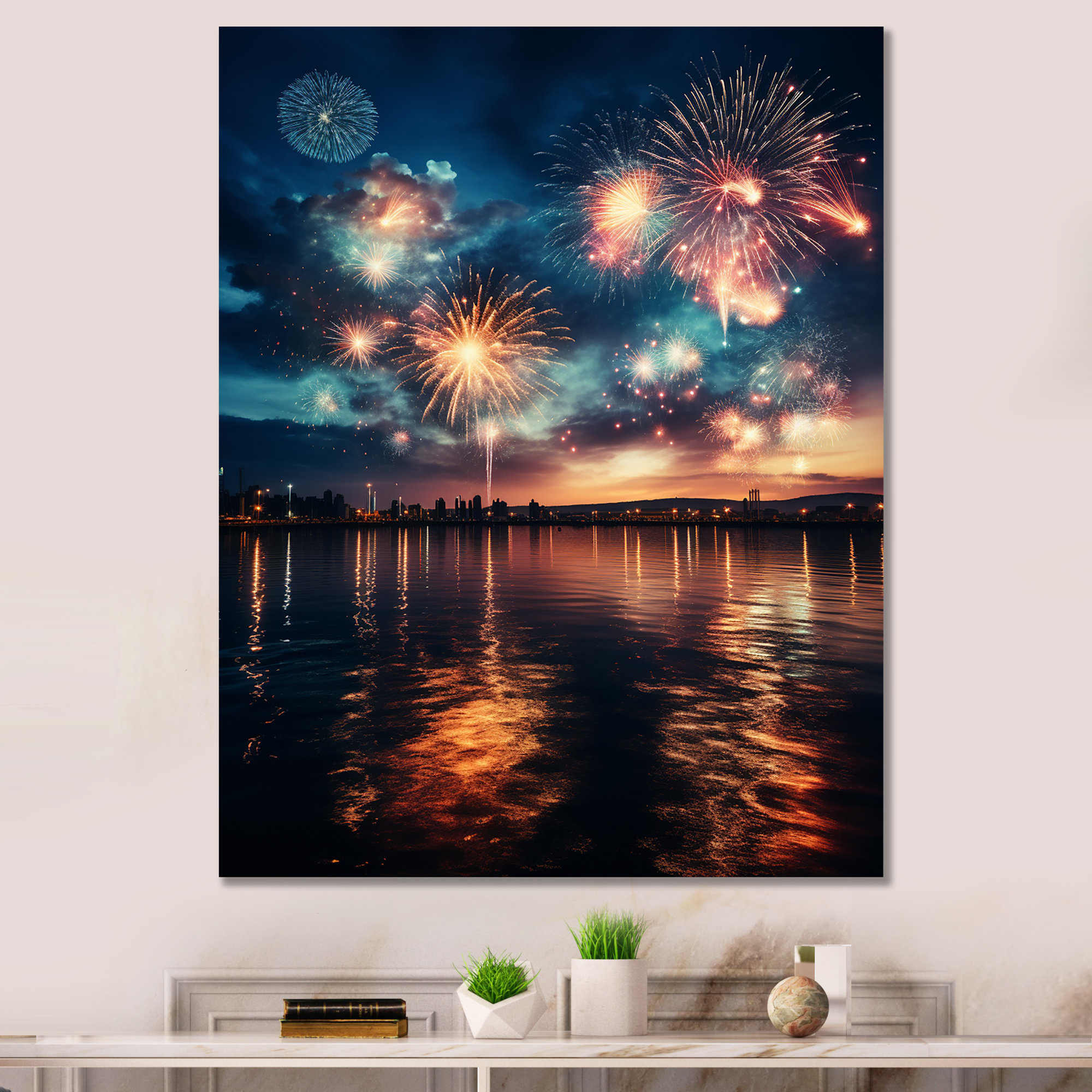 Highland Dunes Green And Red Fireworks By The Lake II - Fireworks Wall ...