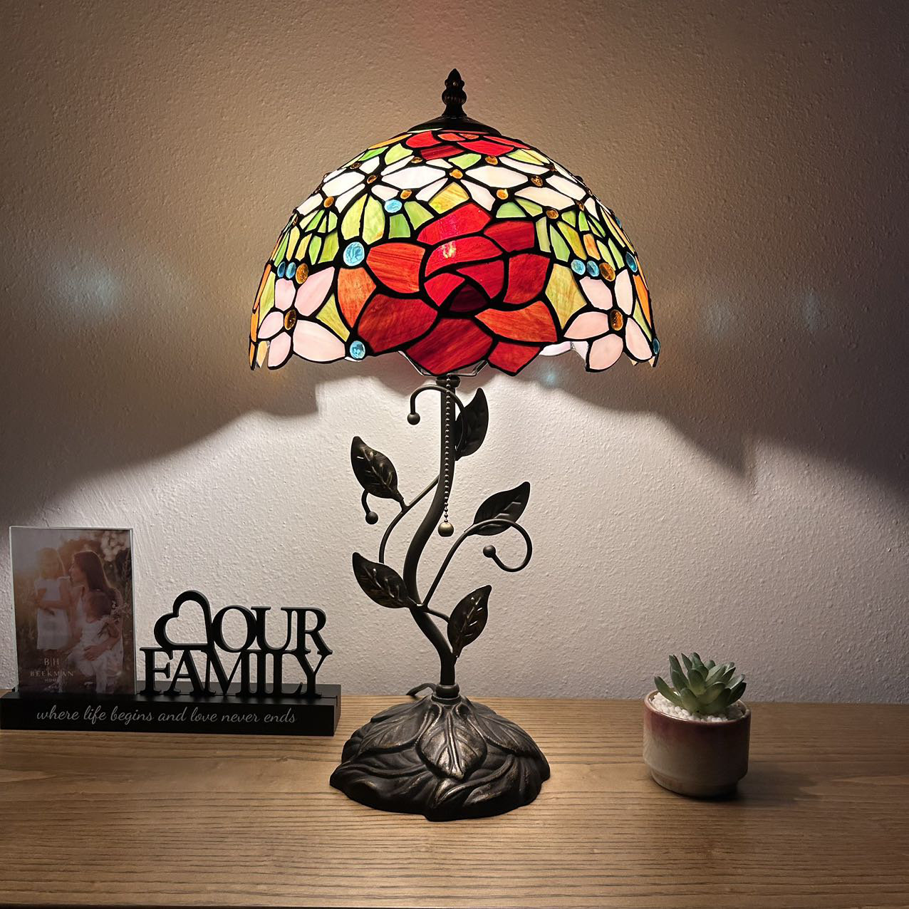 Astoria Grand Meryem Tiffany Table Lamp Red Orange Stained Glass Rose ...
