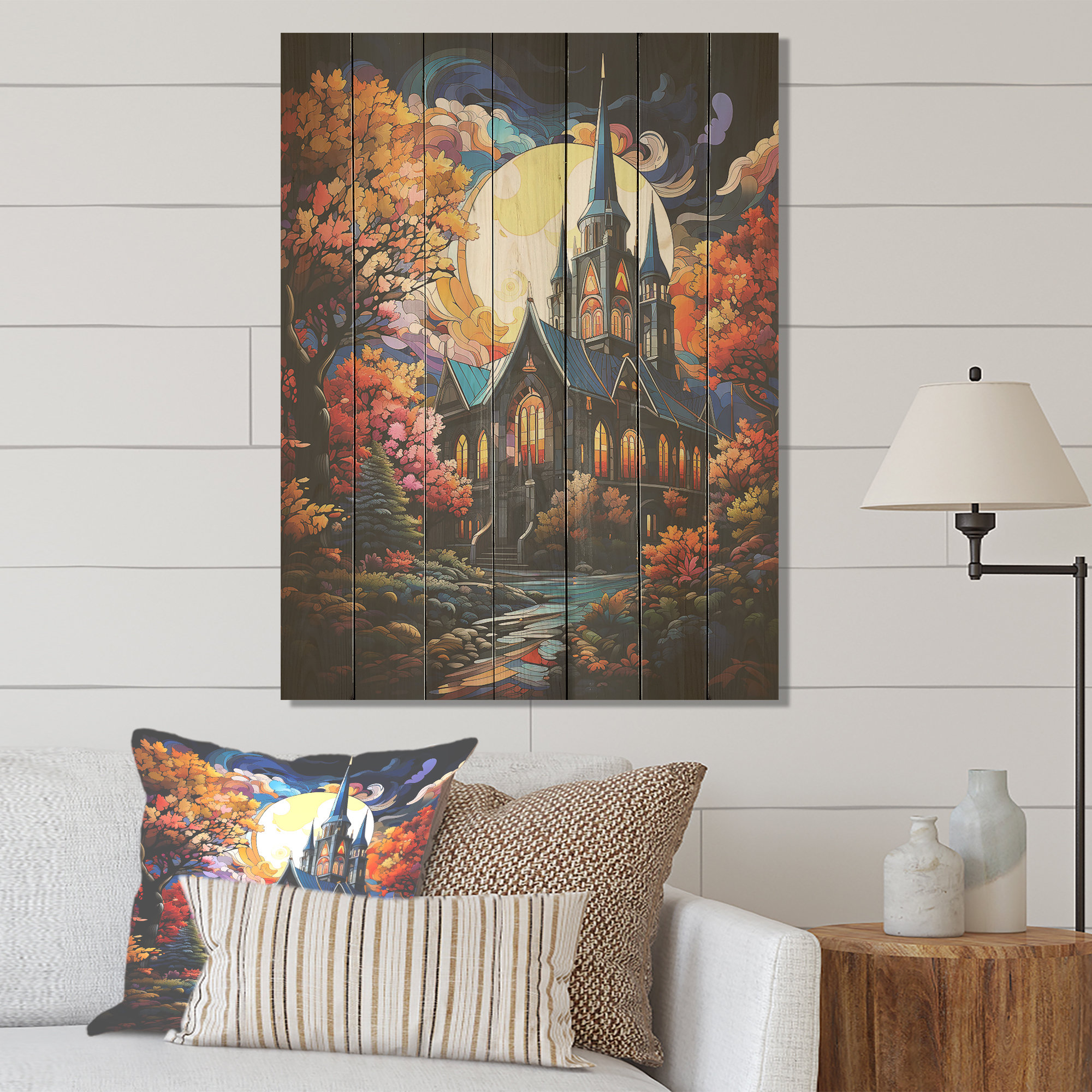 Charlton Home® Pop Art Curch At Moon Landscape II - Church On Wood ...