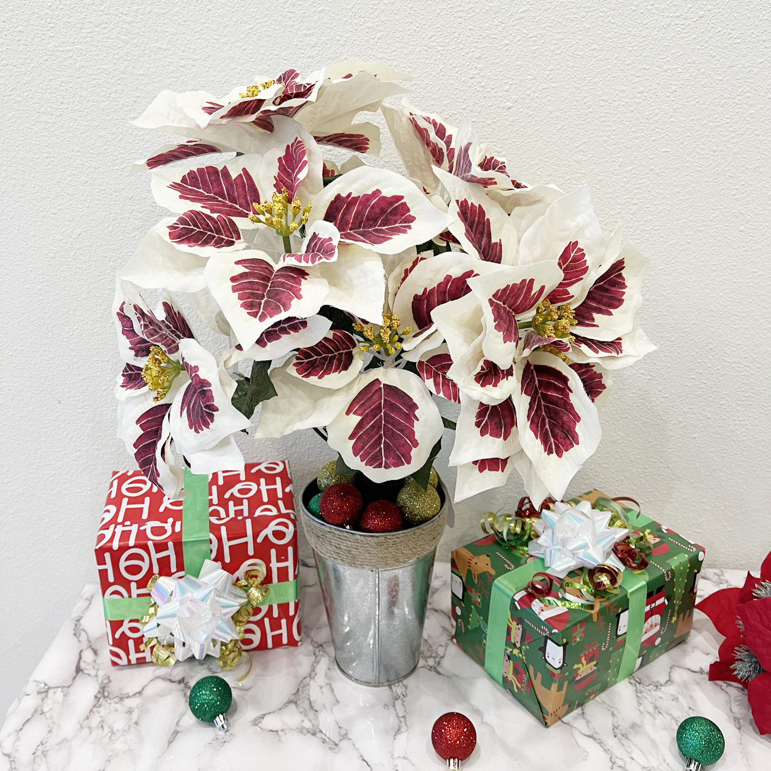 The Holiday Aisle® 5 Stems Artificial Poinsettia Bouquet Fake Christmas Flower, Faux Velvet ...