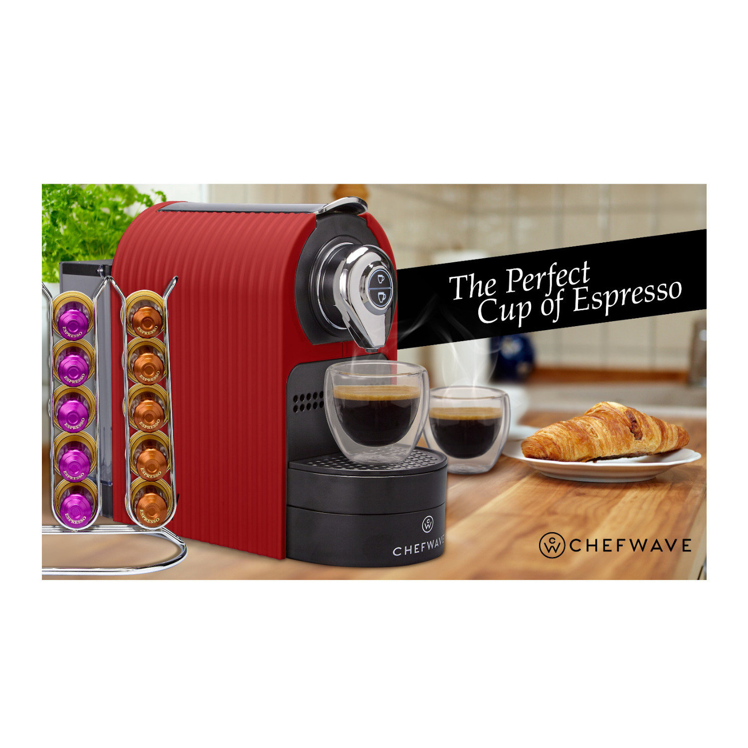 ChefWave Espresso Machine (Red) with Capsule Holder, Cups and Milk ...
