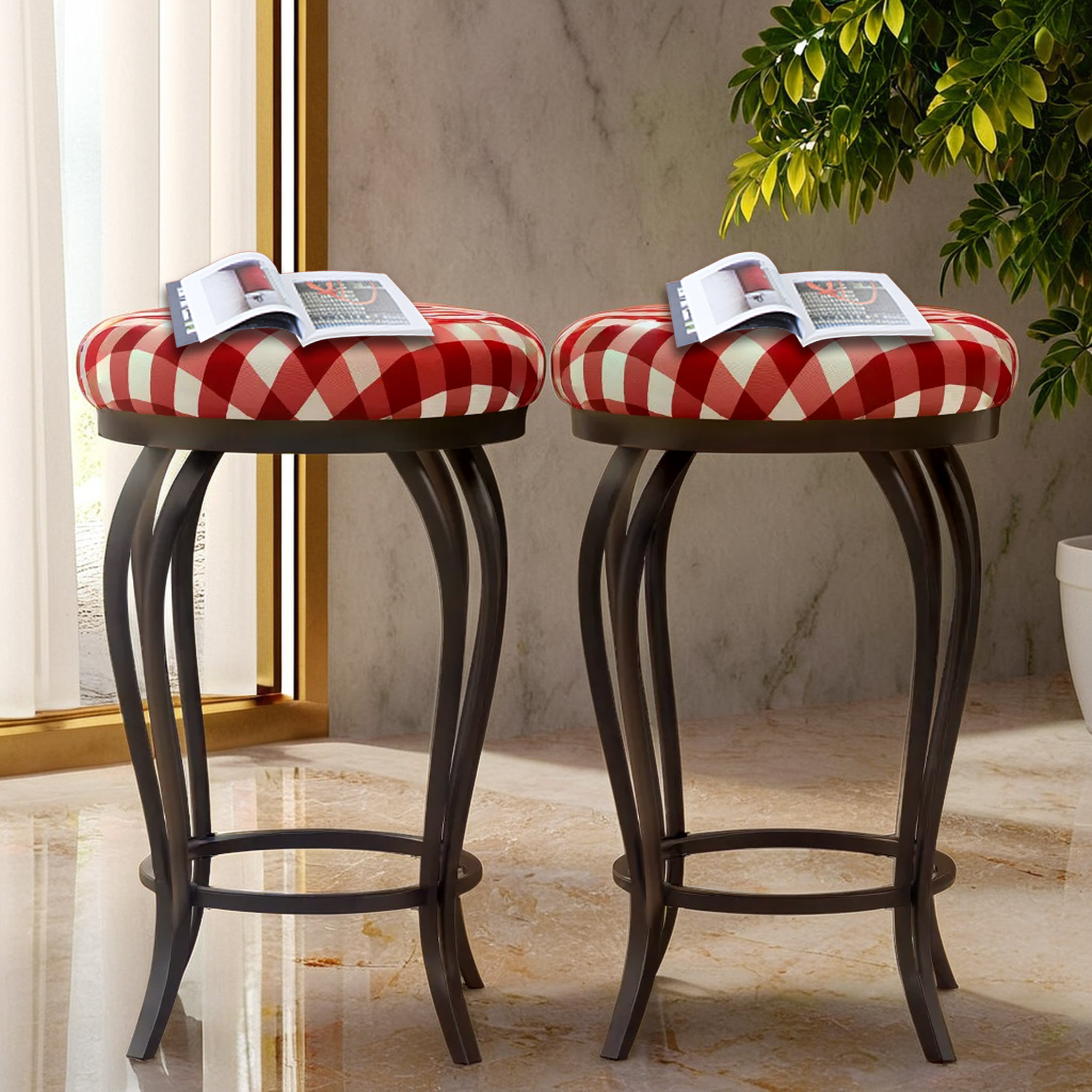 Winston Porter Footrest Rubberwood Red Round Bar Stools (Set of 2 ...