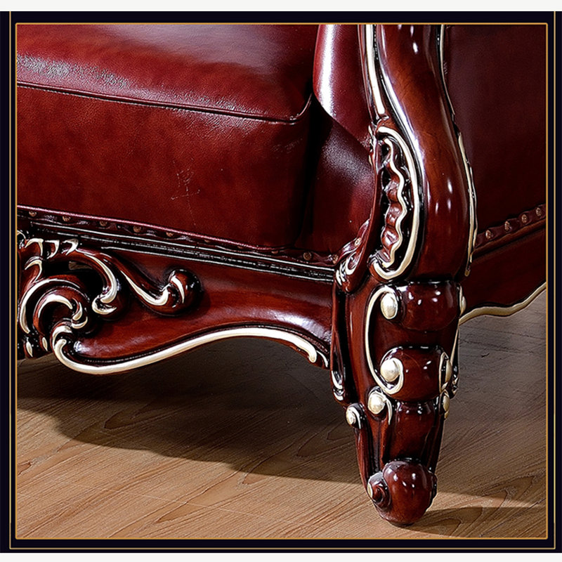 Romero European Style Oak Carving Sofa 87.01'' Genuine Leather Rolled ...