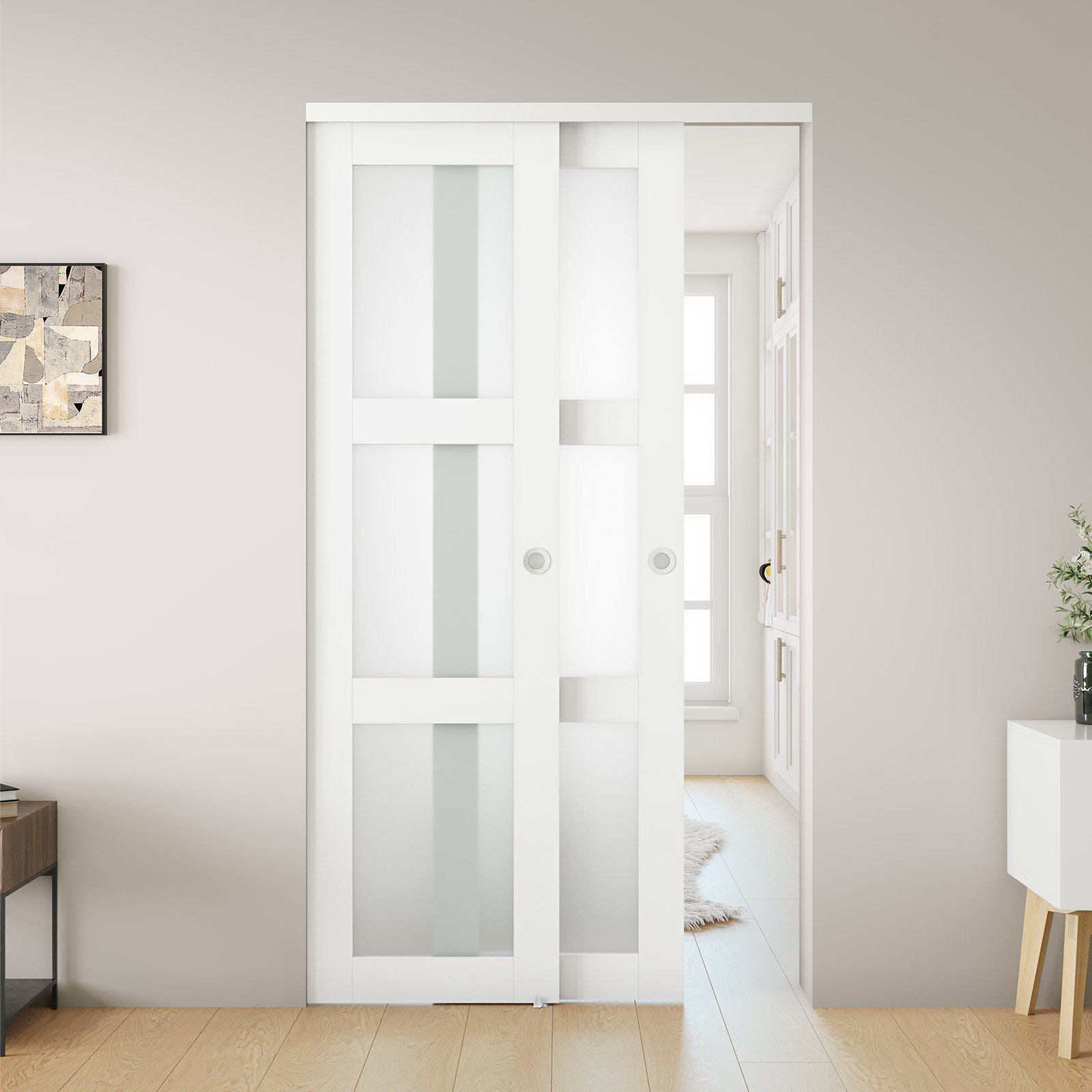 SMARTSTANDARD Frosted Glass and Solid Manufactured Wood Sliding Closet ...