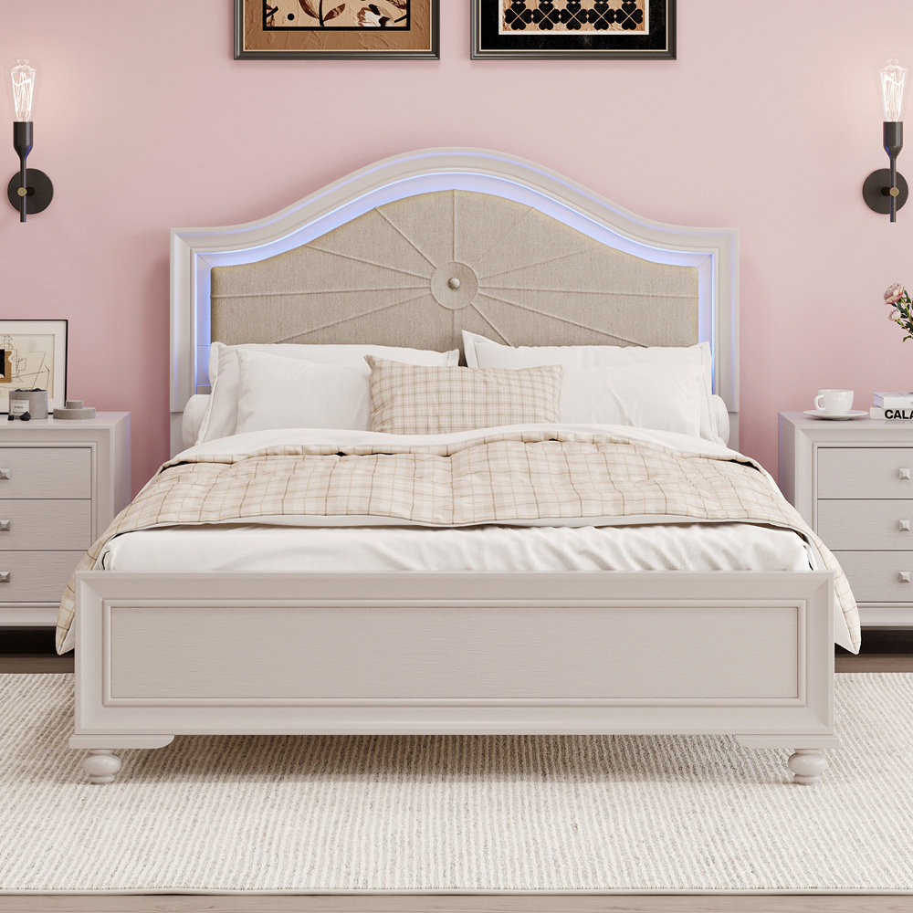 Lark Manor™ Wood Bed with Hidden LED Light Upholstered Curved Headboard ...