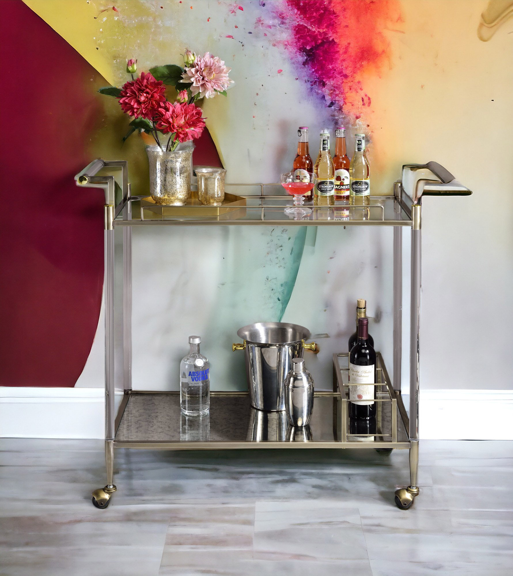 Everly Quinn Cirro Antique Mirror & Wire Brass Finish Serving Cart ...