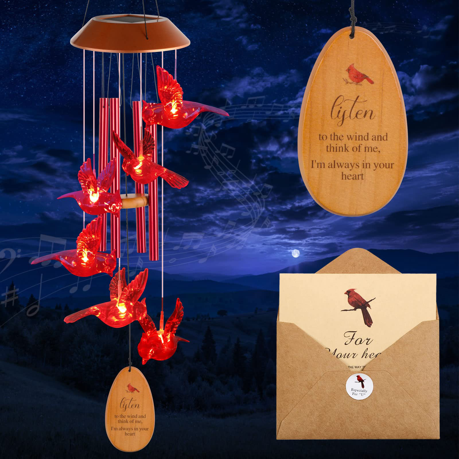 Arlmont & Co. Cardinal Wind Chimes for Loss of Loved One, Solar Red ...
