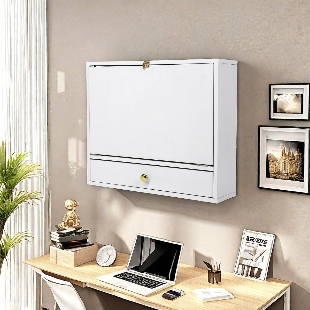 Ebern Designs Wall-mounted Computer Desk, Floating Desk With Storage ...