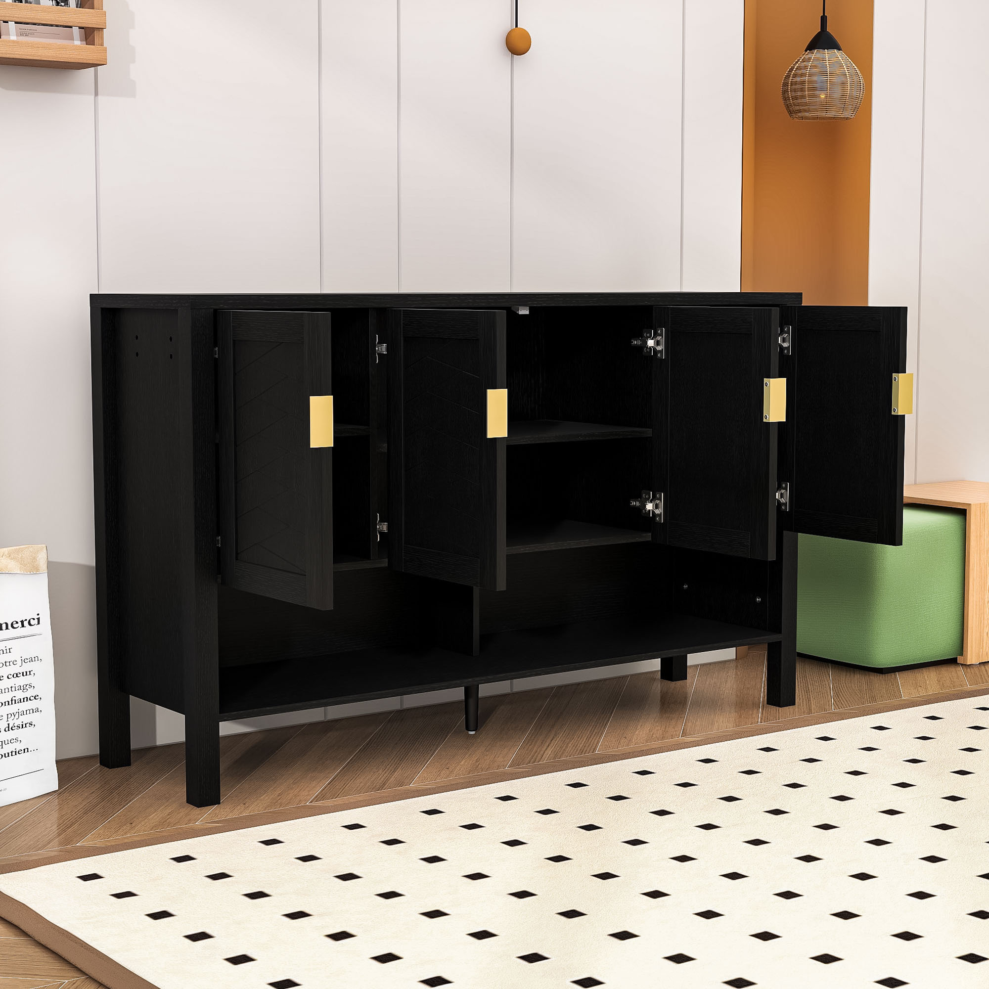 Mercer41 Modern Sideboard with Adjustable Shelves and Open Storage ...