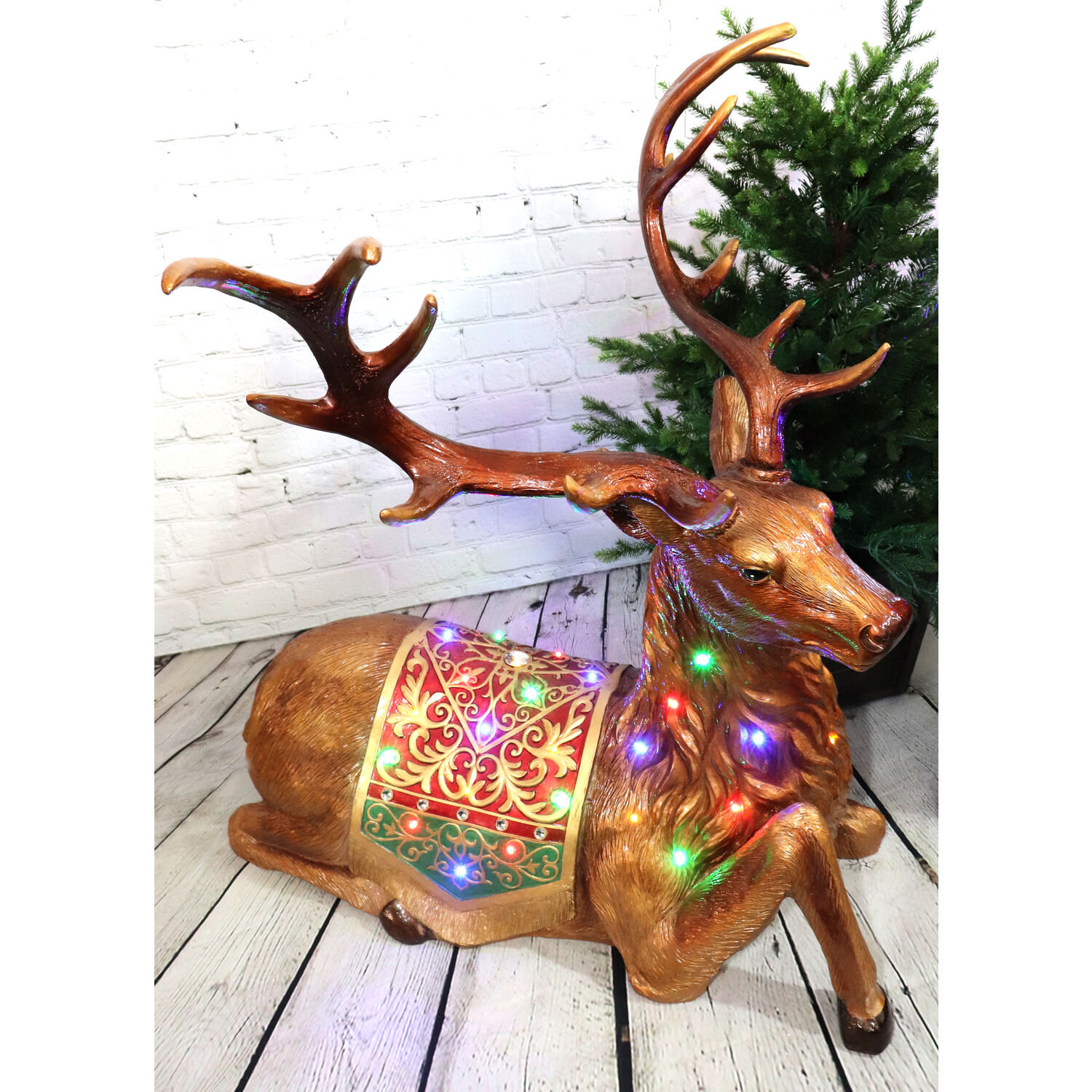 Fraser Hill Farm Indoor/Outdoor 4 Ft. Tall Sitting Reindeer Oversized Christmas Decor w/ LED ...