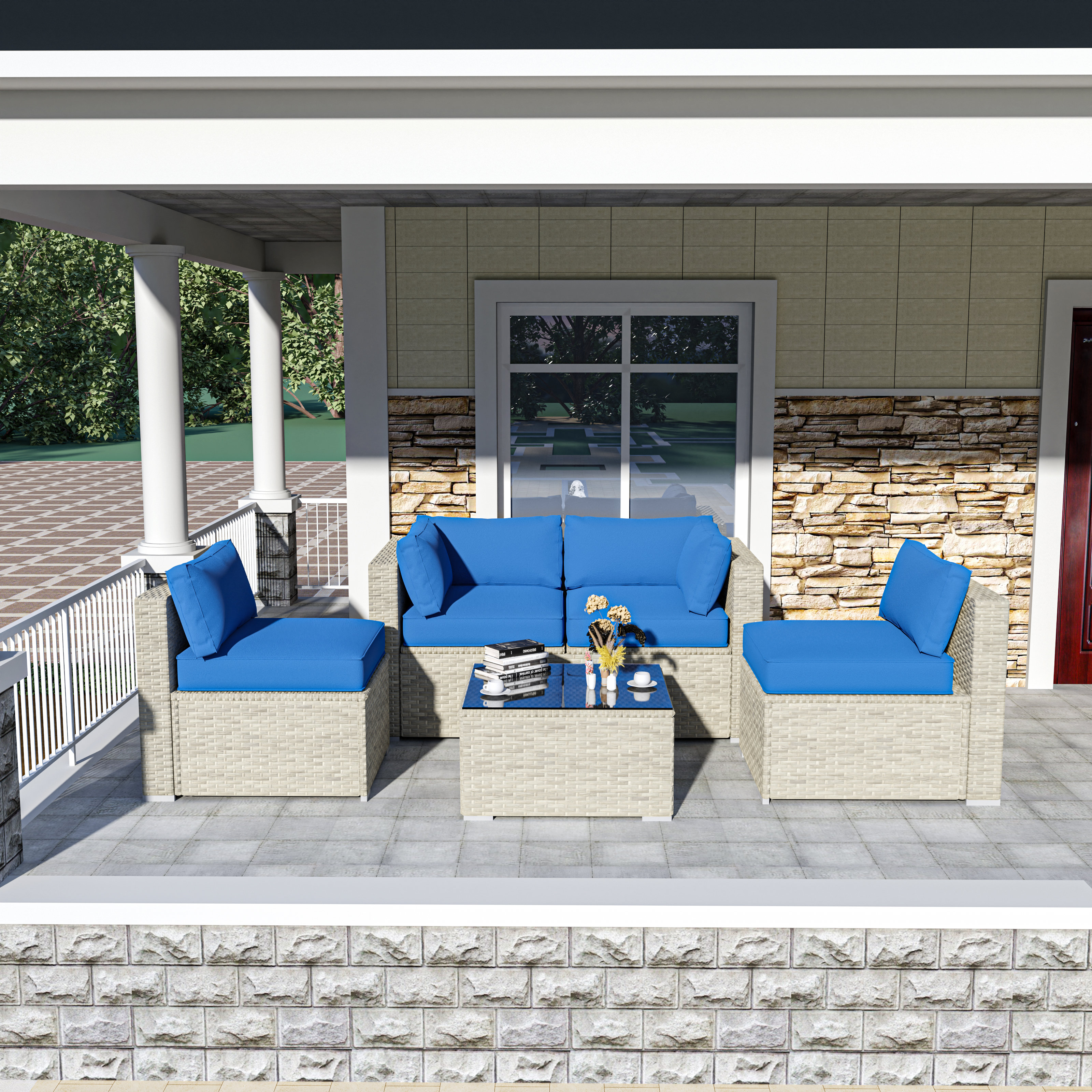 Latitude Run® 5 Piece Patio Furniture Sets Outdoor Sectional Wicker ...