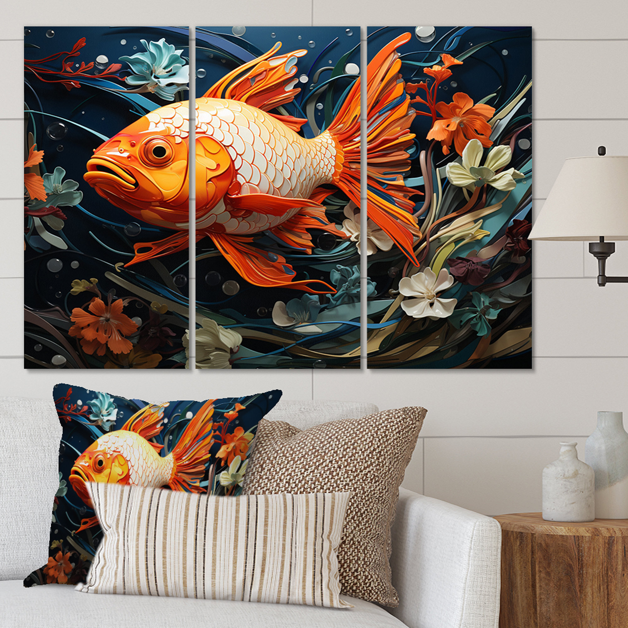 Highland Dunes Geometric Orange Fish I On Canvas 3 Pieces Print | Wayfair