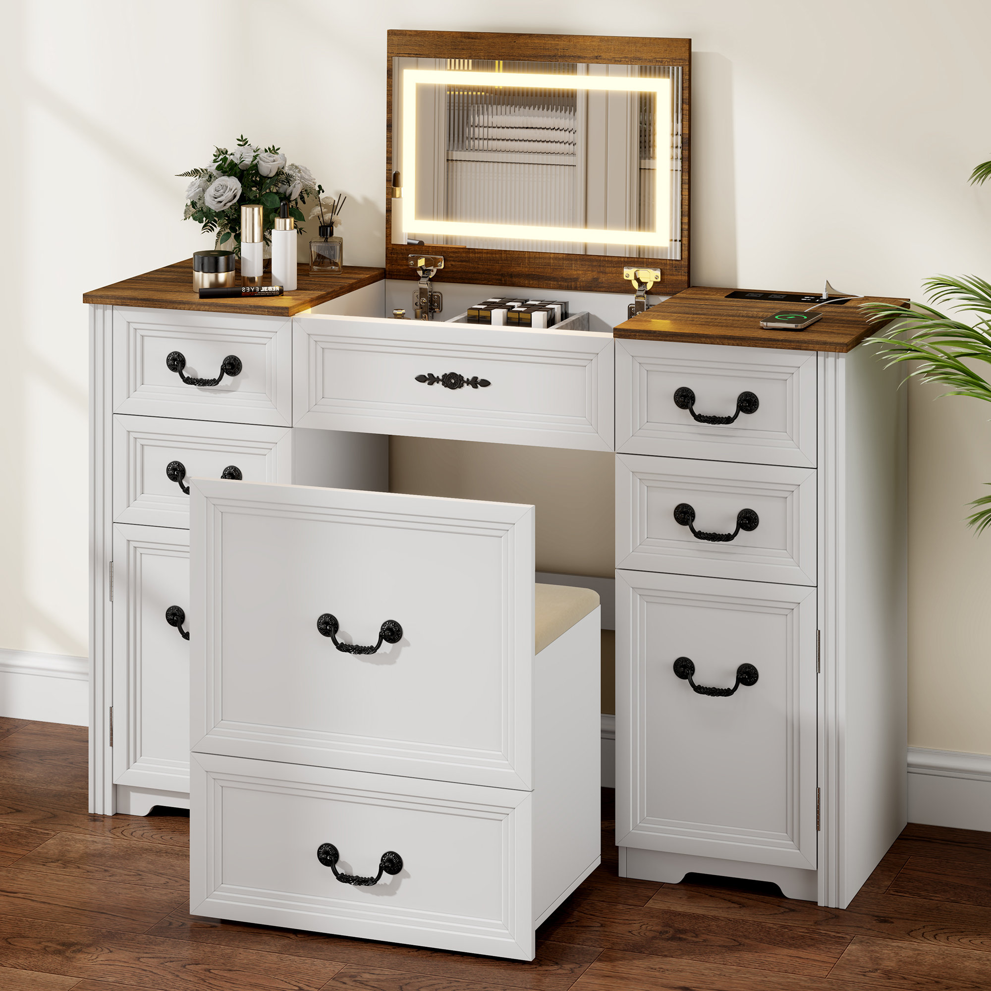 Lark Manor™ Multifunctional Vanity Desk With Mirror, Led Lights ...