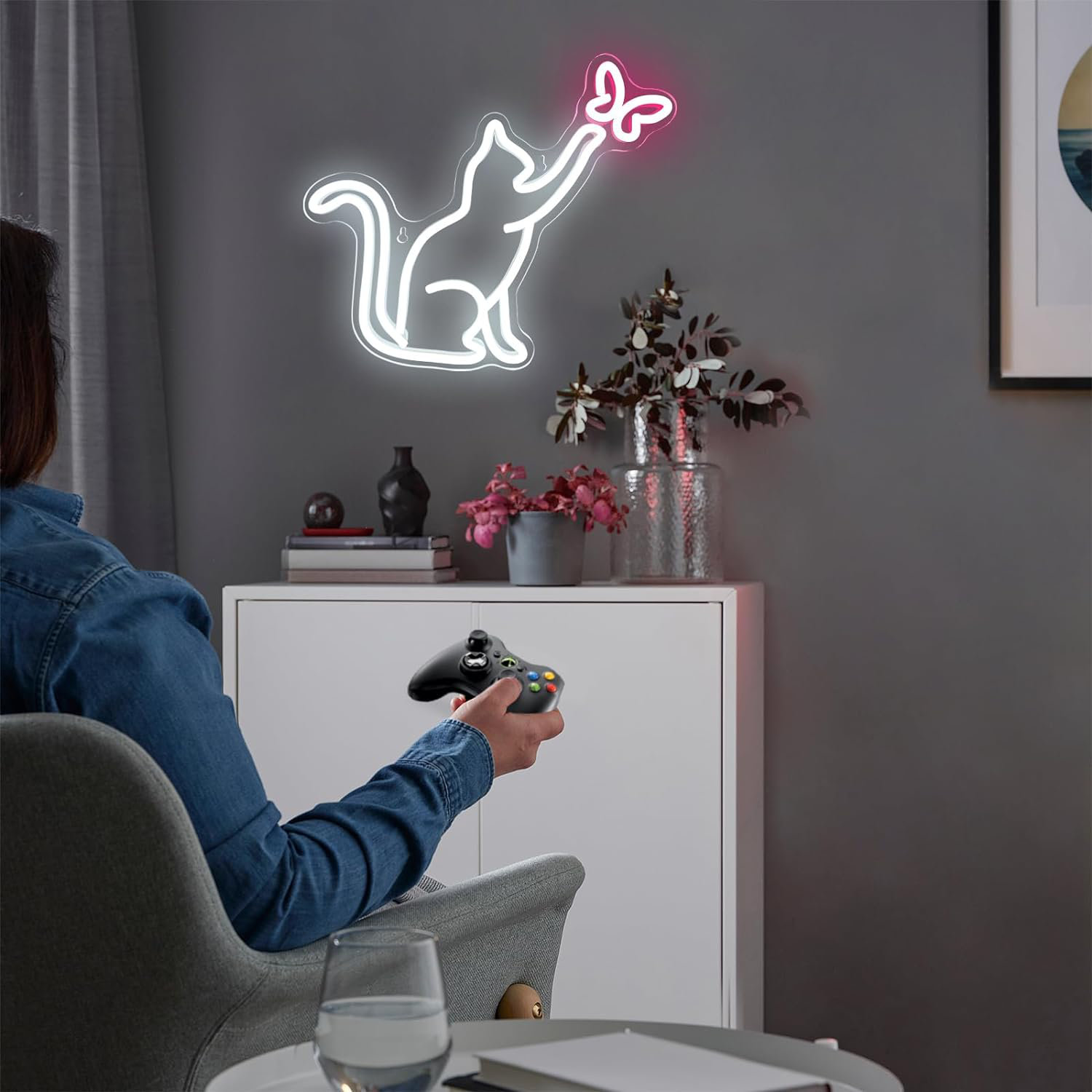 Ivy Bronx 13" Cute Cat Neon Sign Light Cat Butterfly LED Neon Light for ...
