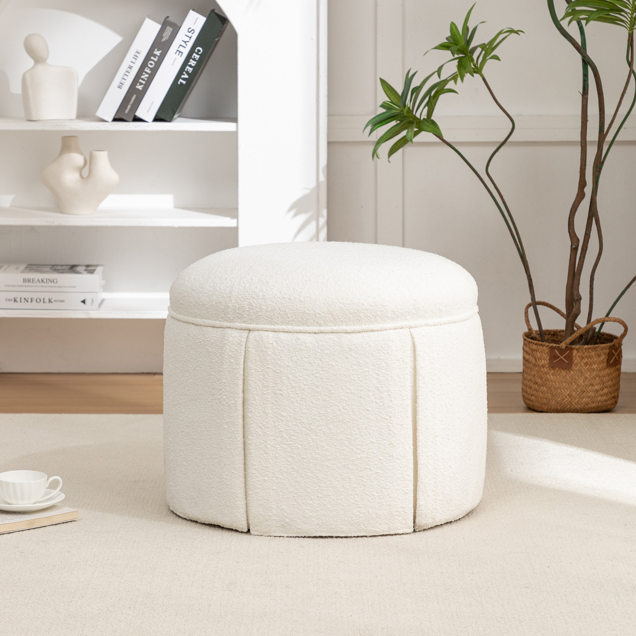 Ebern Designs Oreilly Round Skirted Ottoman - Performance Boucle ...
