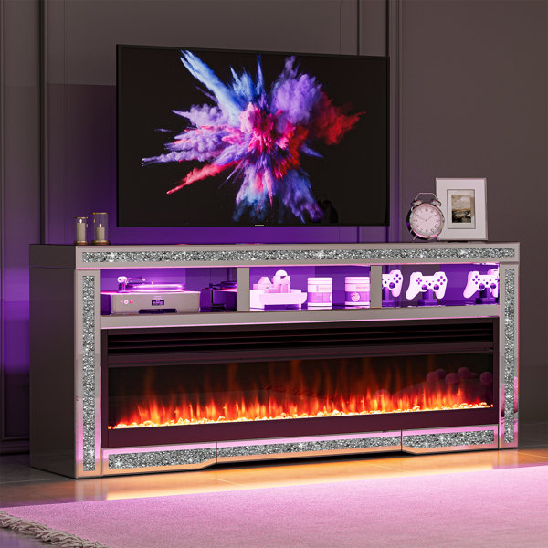 Everly Quinn Mirrored Fireplace Tv Stand For 65+ Inch Tv, Silver Tv ...