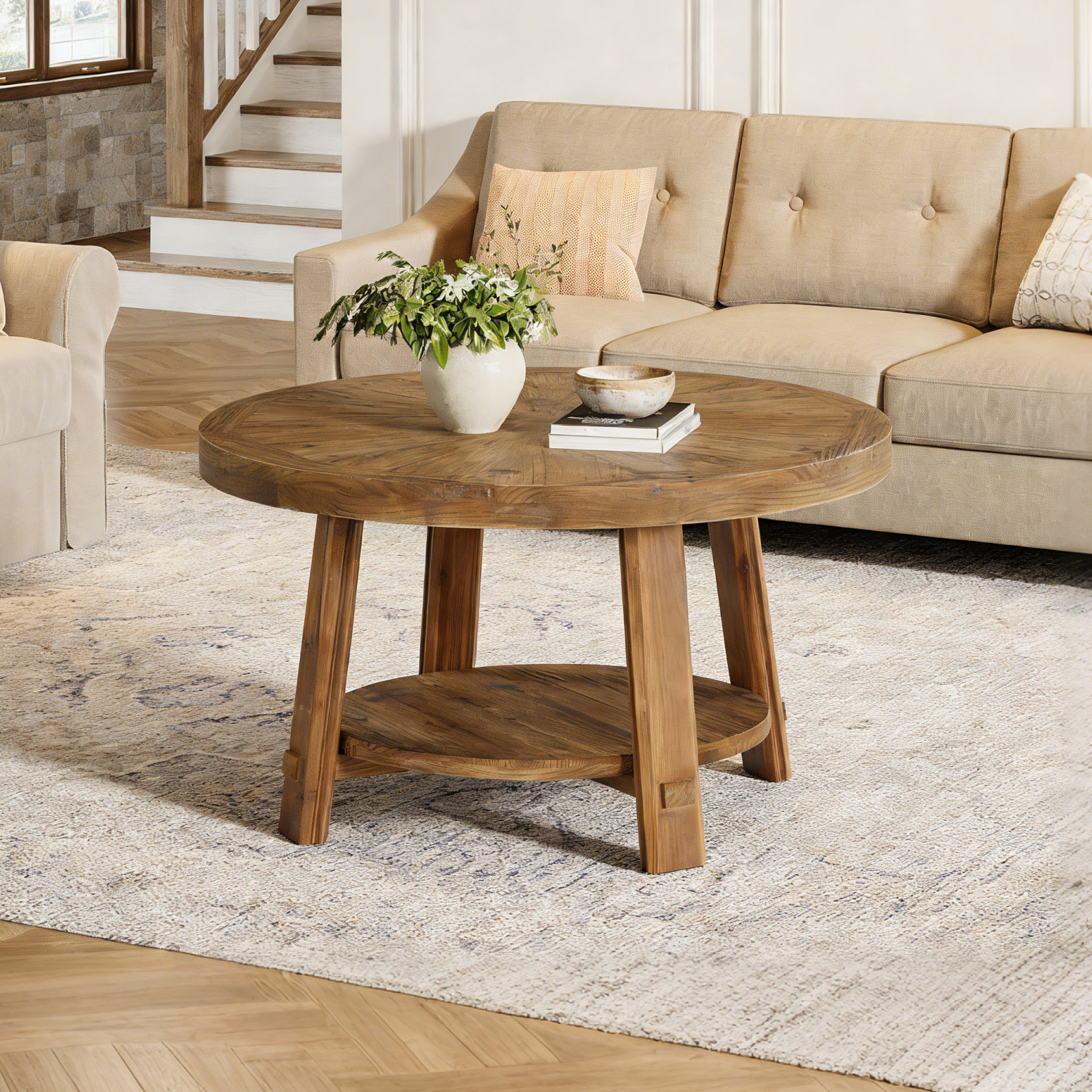Millwood Pines Solid Wood Coffee Table, 31.5" Farmhouse Round Center ...