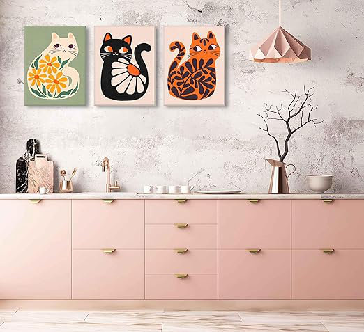 Lark Manor™ 3Pcs Boho Cats Canvas Wall Art Mid Century Modern Cats ...