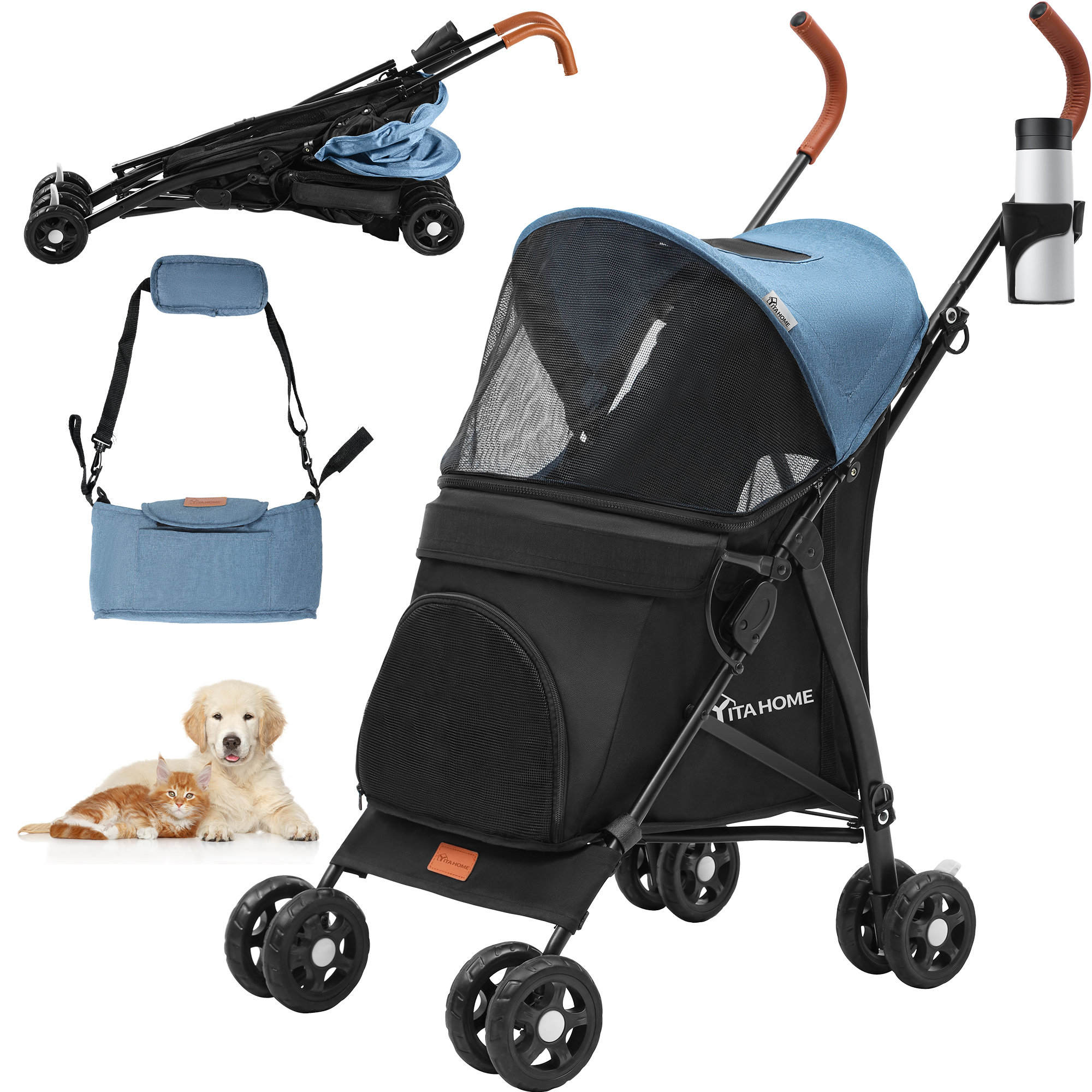 Balconera Portable Dog Stroller With Cup Holder & Storage Bag, Blue ...