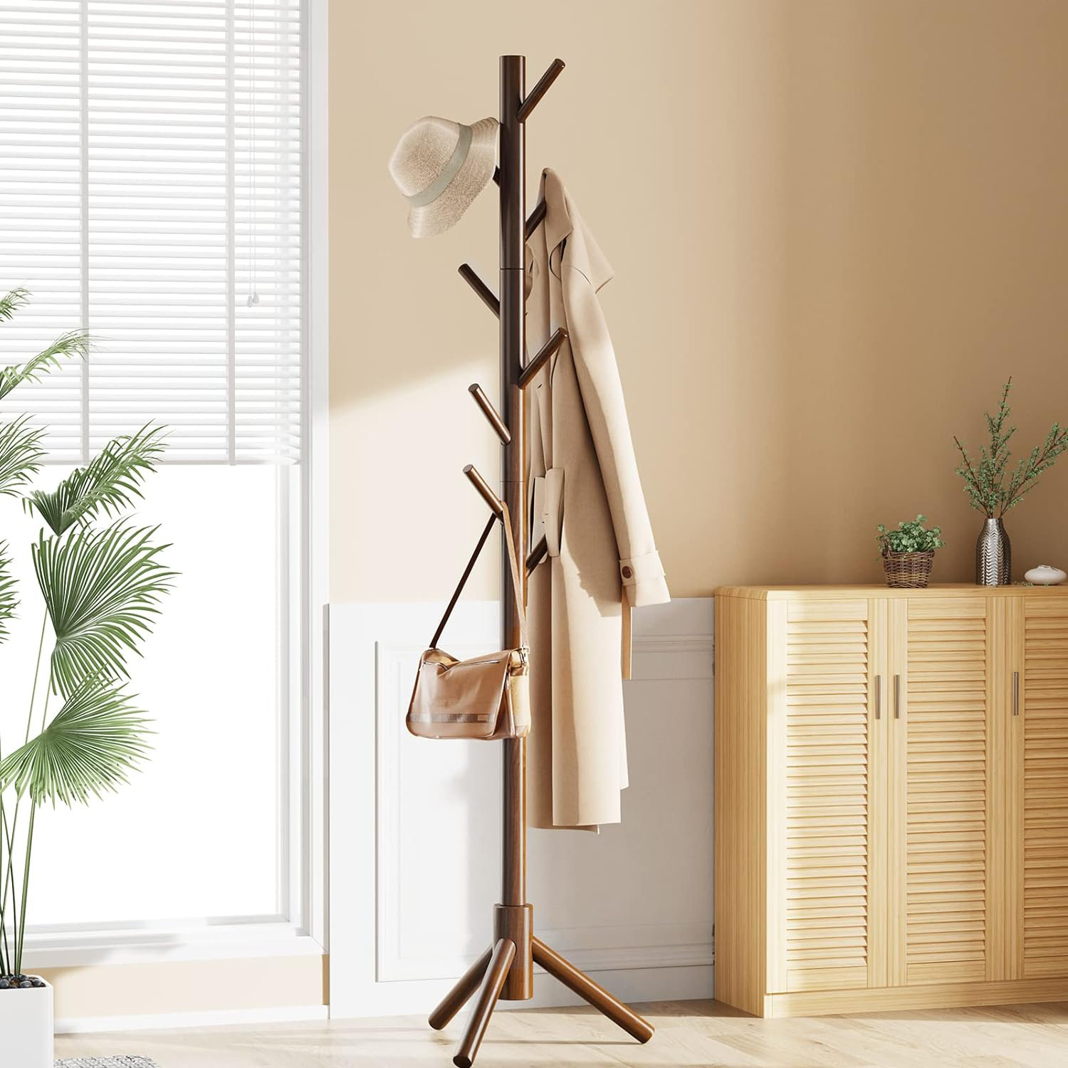Latitude Run® Sturdy Wooden Coat Stand, 3 Adjustable Sizes Coat Tree ...