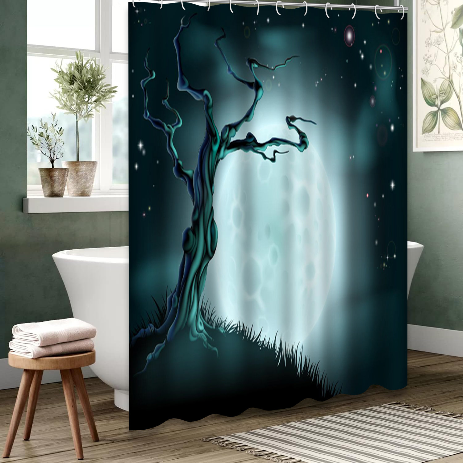 East Urban Home Blue Moon Waterproof Shower Curtain,Spooky Scary Blue Halloween Scene with Full ...