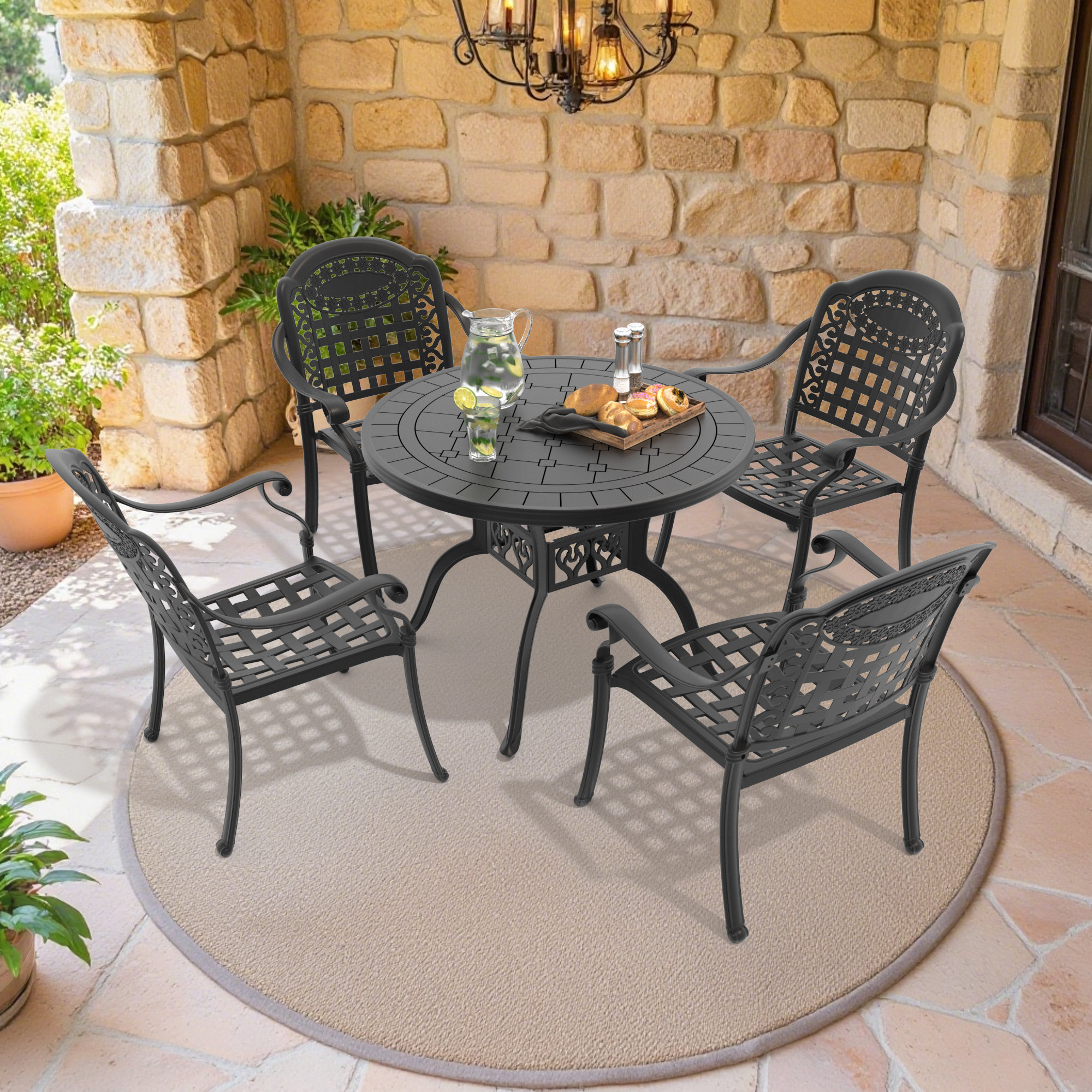 MIRROR FLY 5-Piece 39.37-inch Round Table Cast Aluminum Outdoor Dining ...