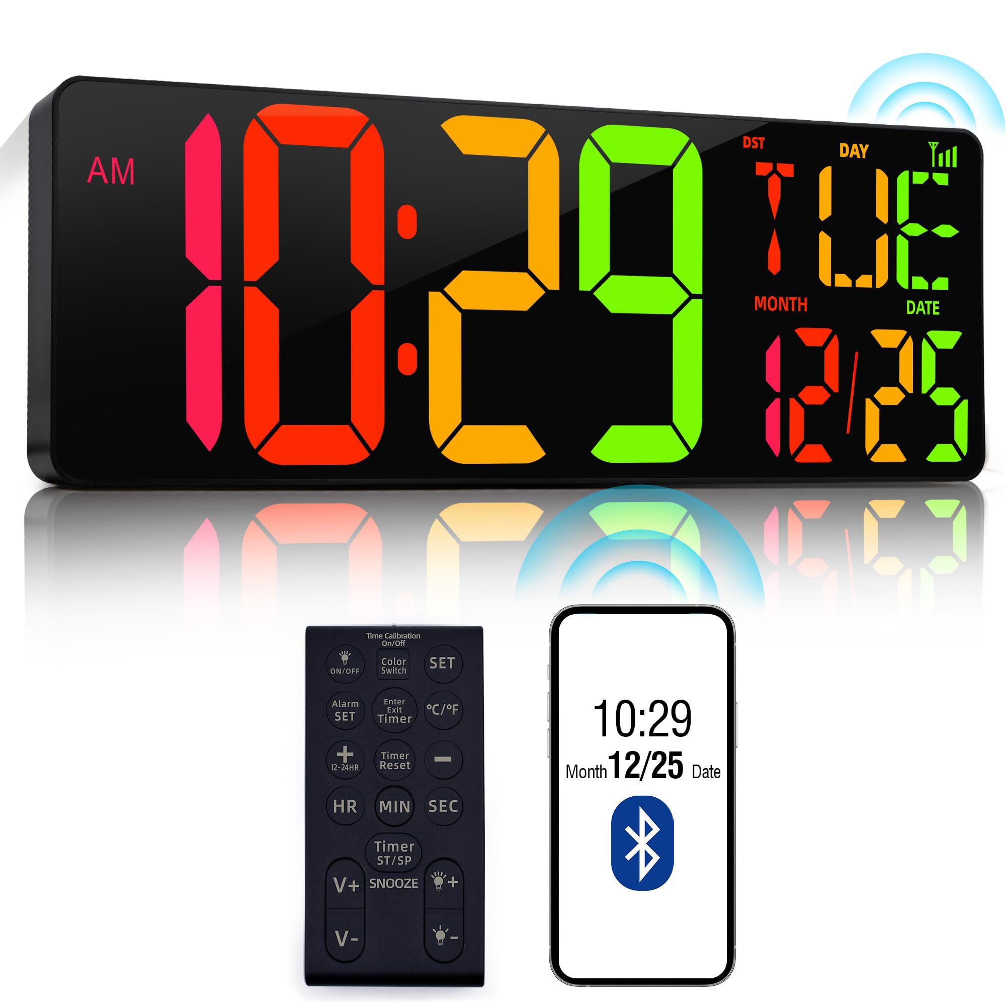 Wade Logan® Ceirra Large Digital Wall Clock Bluetooth Auto Time Sync ...