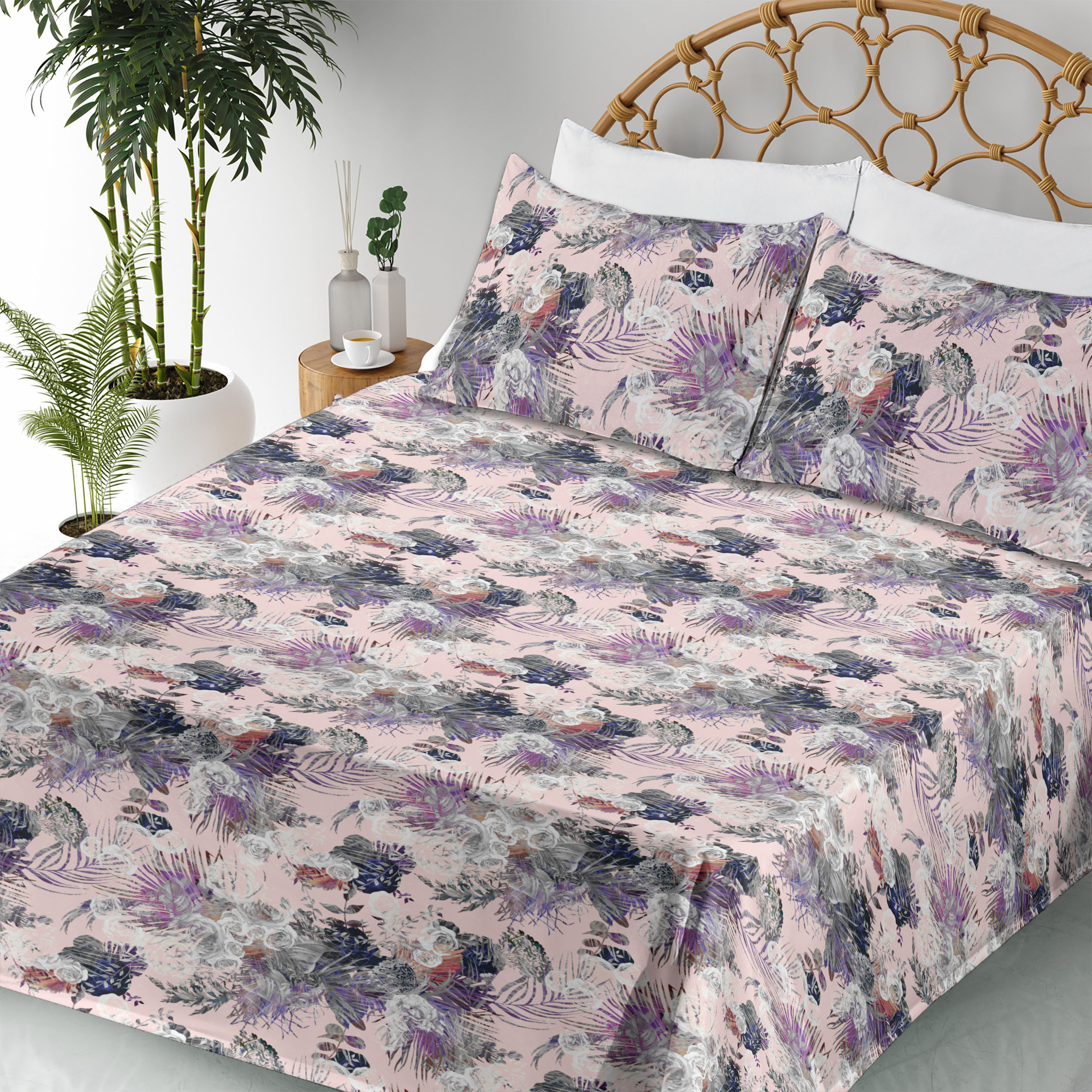 Ambesonne Floral Design Sheet Set Rose Silhouette Print Pale Pink ...