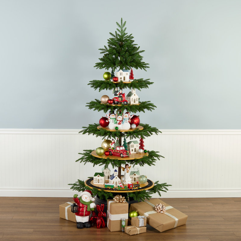 The Holiday Aisle® 7.5ft. Christmas Platform Slim Tree with Shelves ...