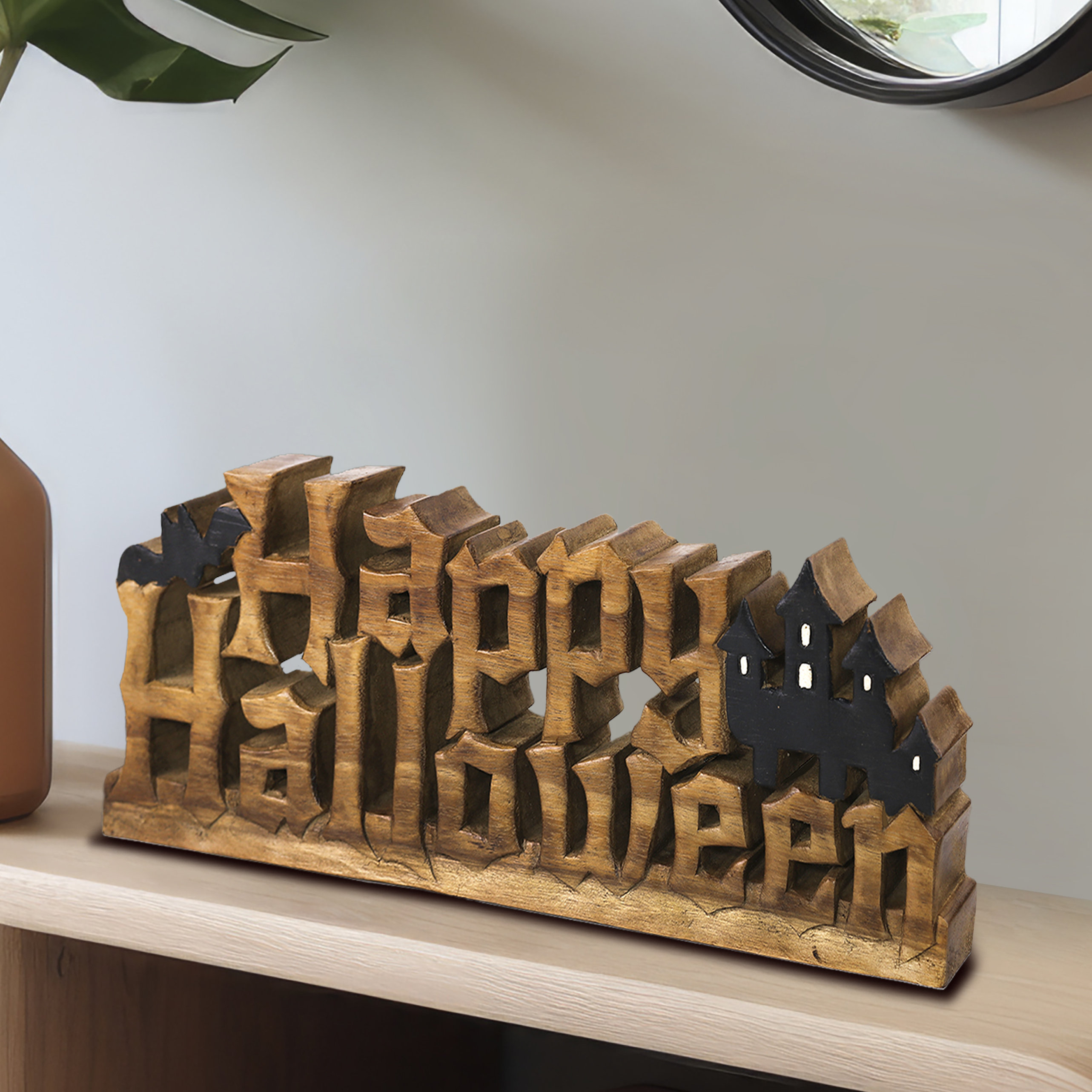 The Holiday Aisle® Elegant Handmade Wooden Sculpture of Happy Halloween ...