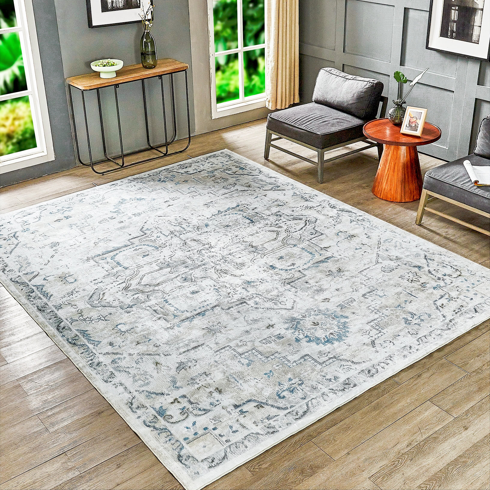 Maxax Oriental Machine Debossed Polyester Area Rug in Blue/Cream/Gray ...