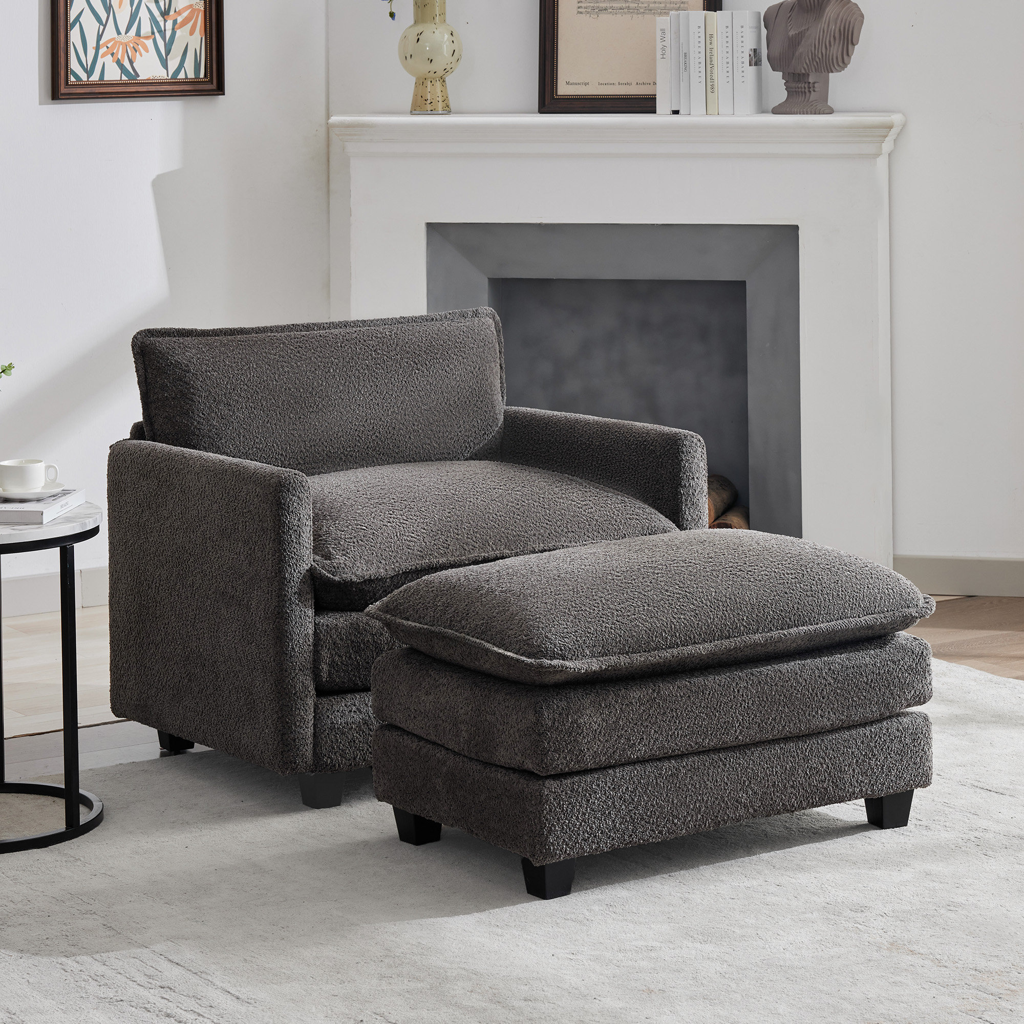 Ebern Designs Redenius Boucle Upholstered Accent Arm Chair With Ottoman ...