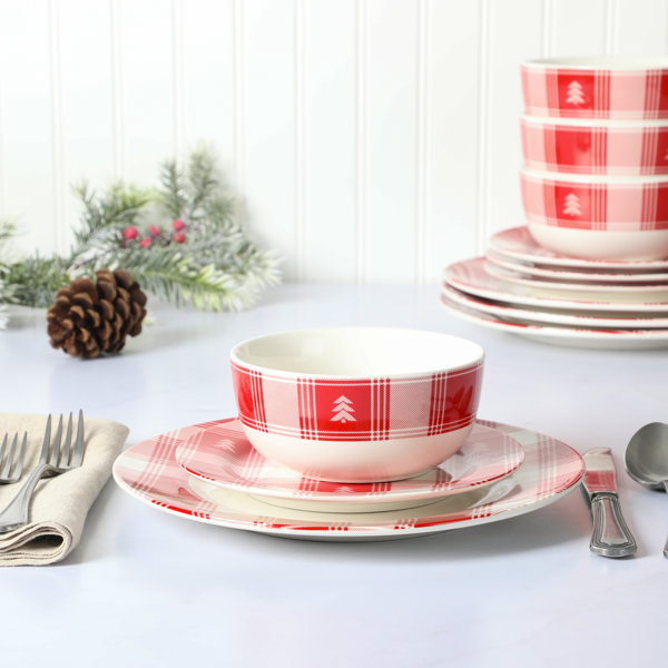 Martha Stewart Plaid 12 Piece Decorated Red And White Stoneware ...