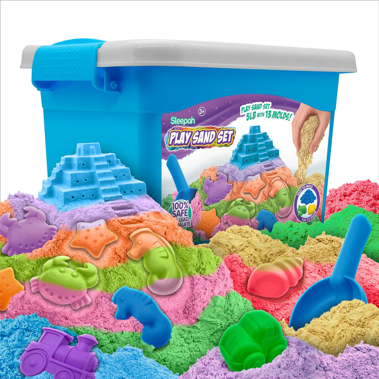 Sleepah Play Sand Set – 5LB of Sensory Toy Sand 13 Molds for Girls Boys No Mess Sensory Art ...