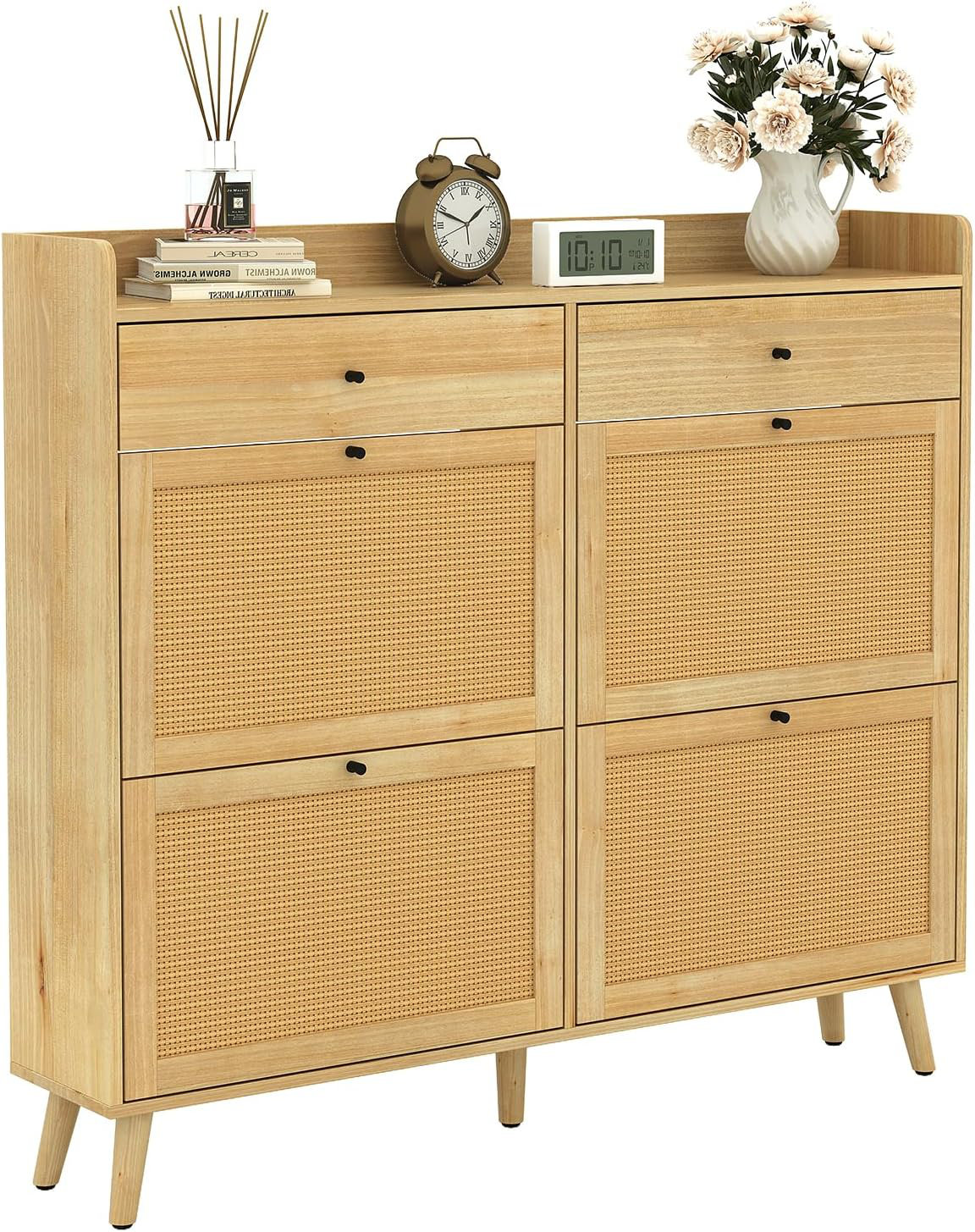 Bayou Breeze Shoe Cabinet, Rattan Shoe Rack Cabinet with 4 Flip Drawers ...