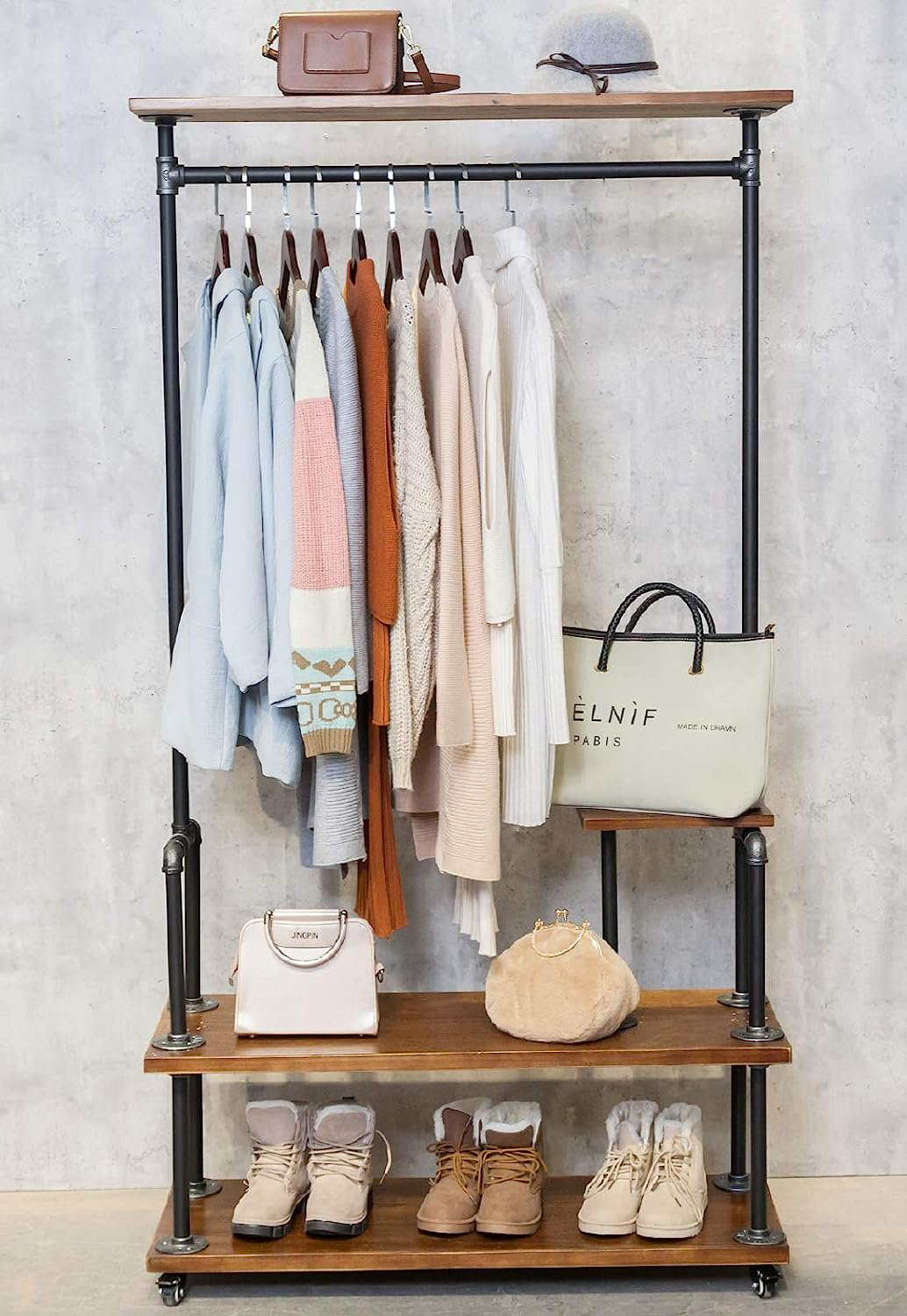 Williston Forge Camila Industrial Solid Wood Clothing Racks, Pipe Style ...