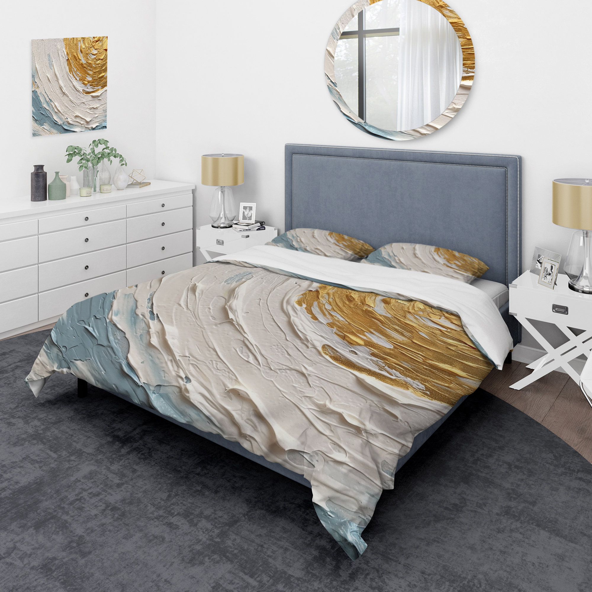 Design Art Gold and Blue Vibrant Spirals II BeddingMicrofiber ...