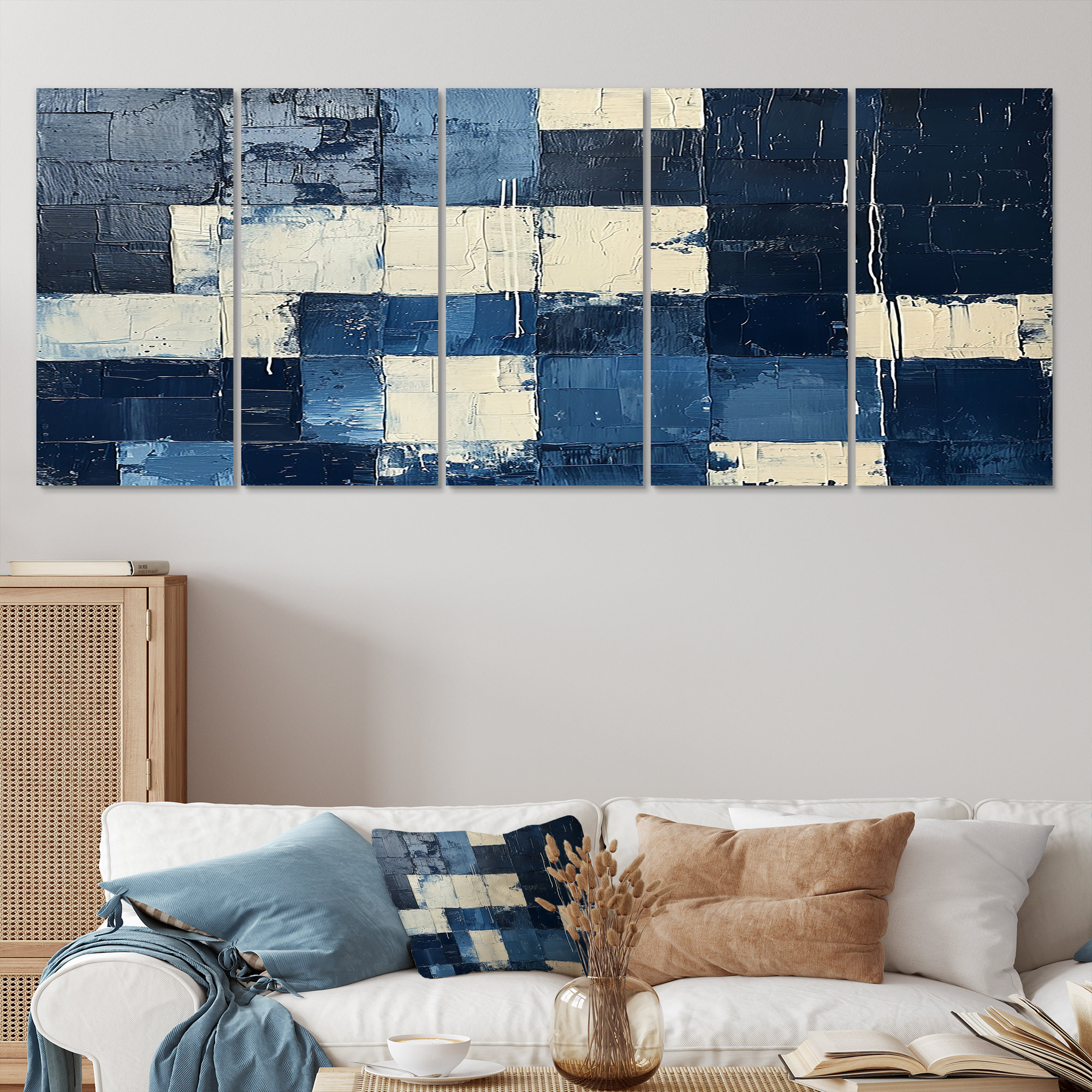 Ivy Bronx Cubist Square Royal Blue And White - Abstract Wall Art Canvas ...
