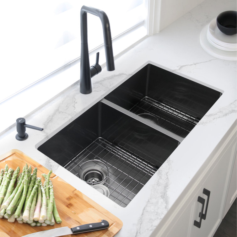 STYLISH 32 inch Double Bowl Undermount Kitchen Sink with Grids and ...