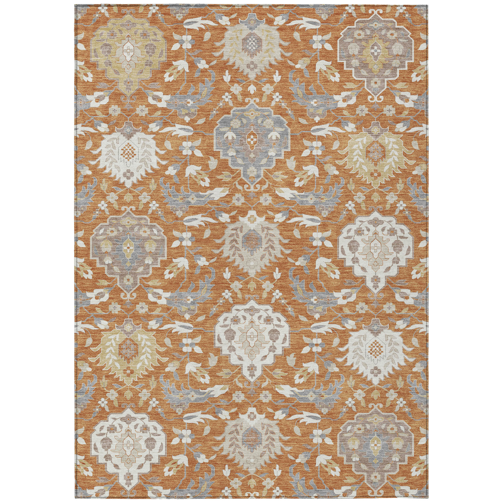 HomeRoots 8' X 10' Copper Ivory And Gray Damask Washable Indoor Outdoor ...