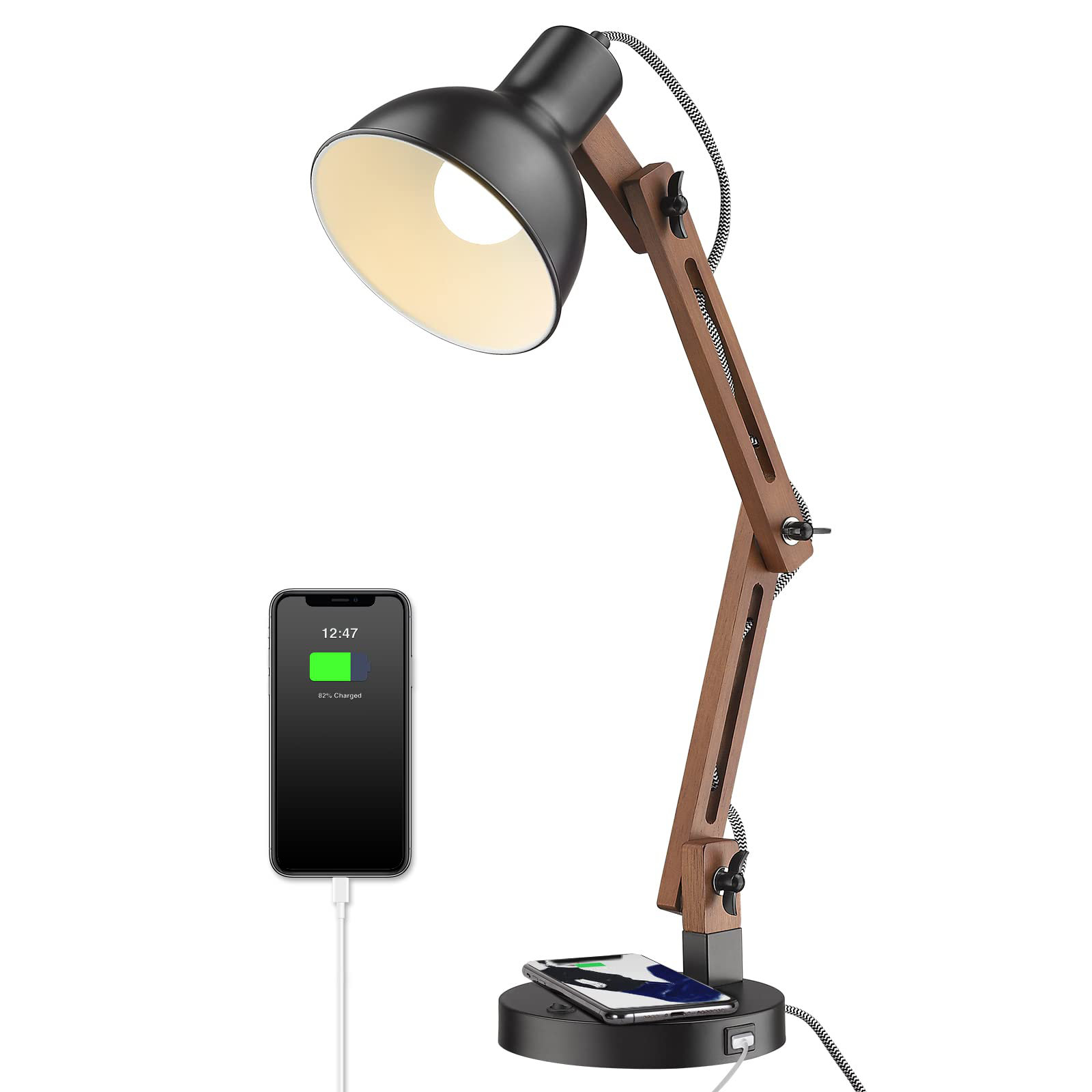 17 Stories LED Wood Desk Lamp With Upgraded Wireless Charger & USB C ...
