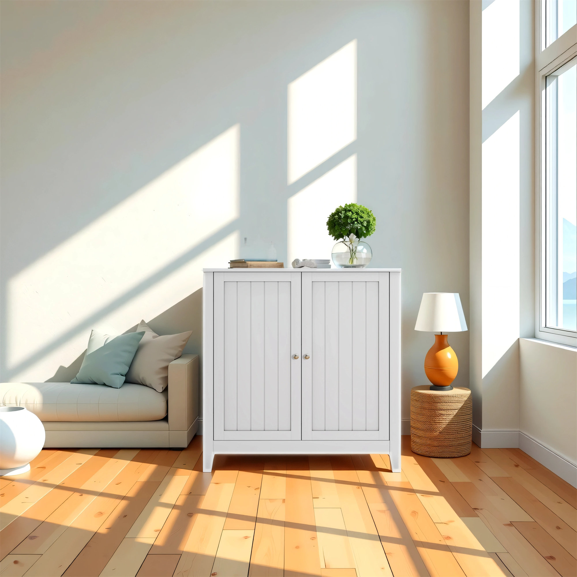 Ebern Designs White Double Door Storage Cabinet, Mid-Century Modern ...