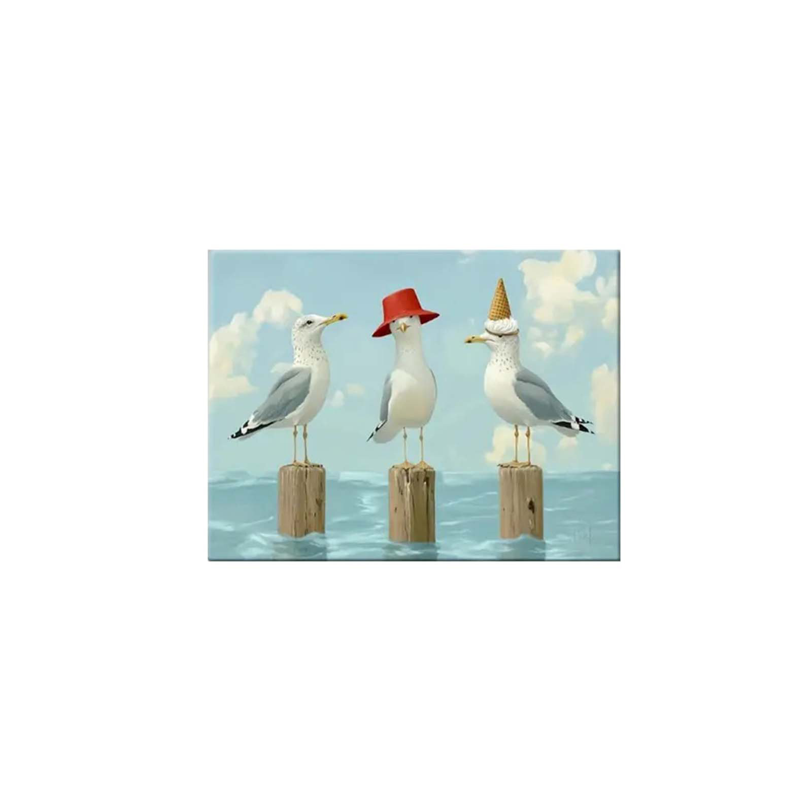 Trinx 1Pc 28X40inch Three Seagulls On Wooden Posts In Water Oil ...