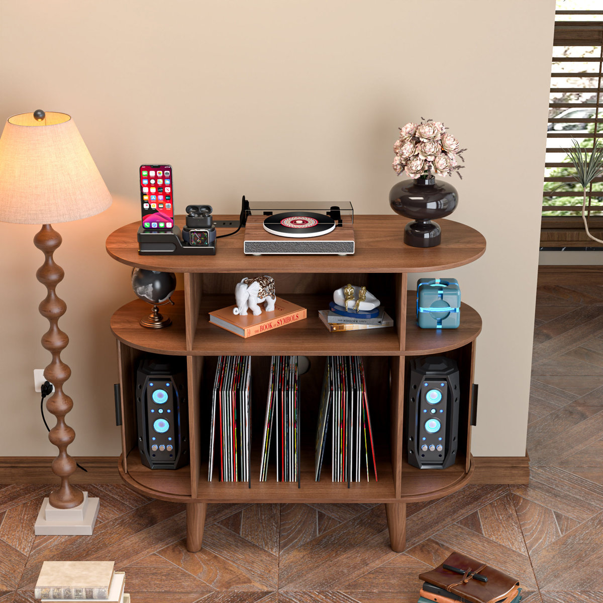 George Oliver Round Record Player Stand With Charging Station ...