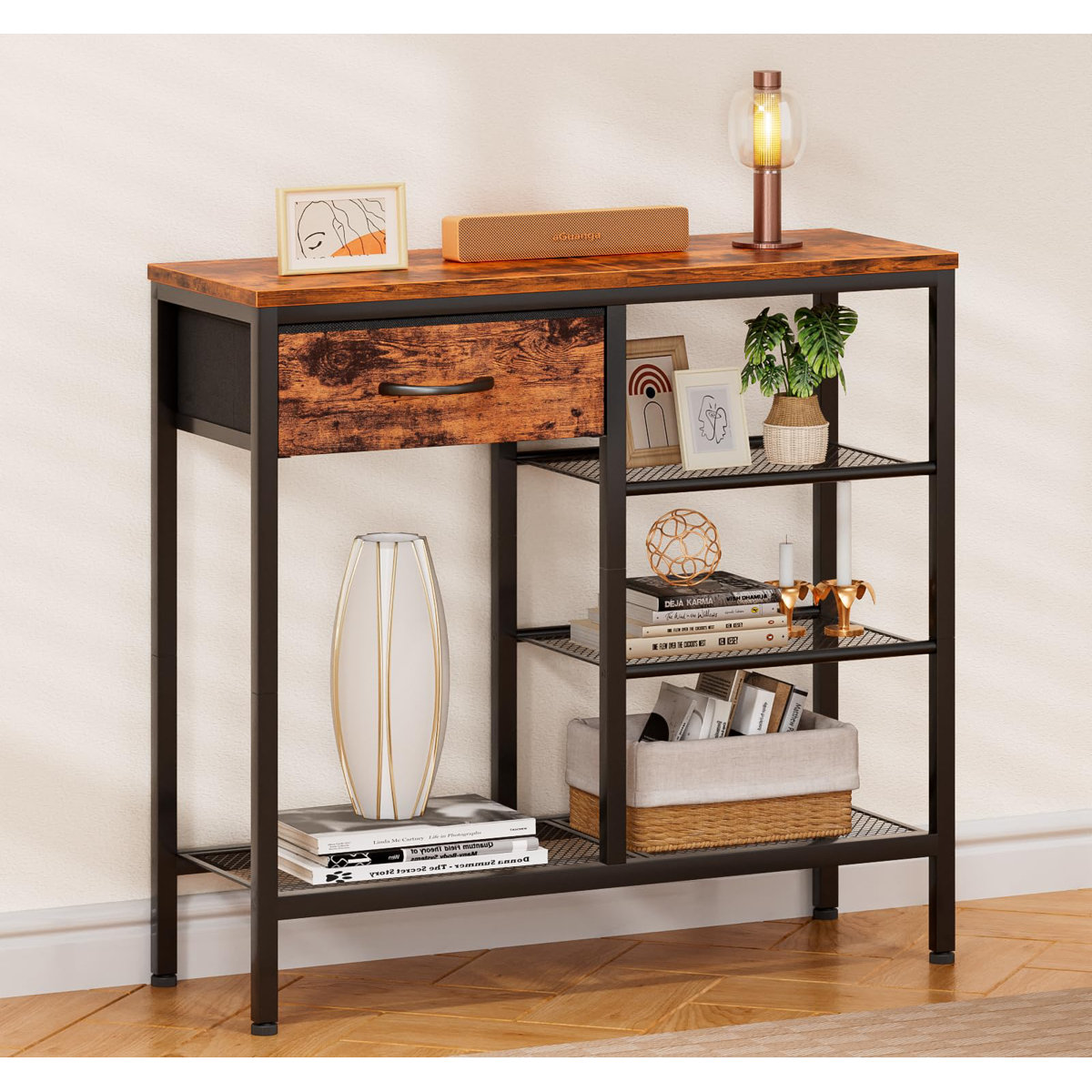 17 Stories 31.5" Industrial Sofa Console Table, 4-Tier Entryway Table ...