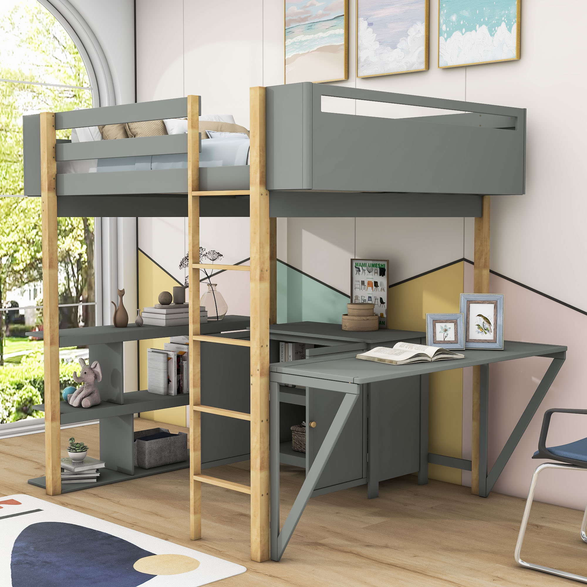 Harriet Bee Jyrese Wood Loft Bed With Built-In Shelves, Ladder And ...