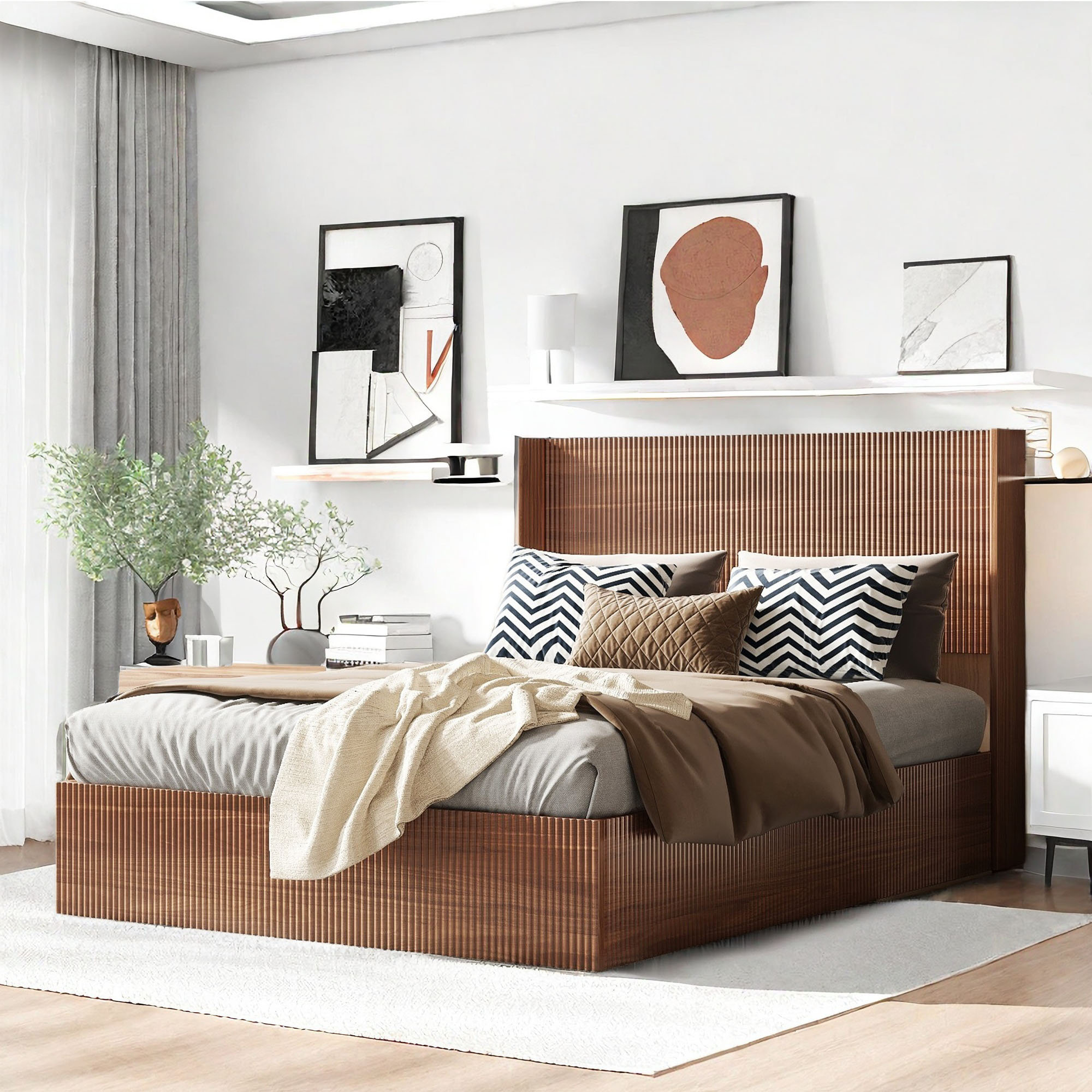 Hayiodda Rustic Queen Size Bed Frame With Grooved Grain Design, Queen ...