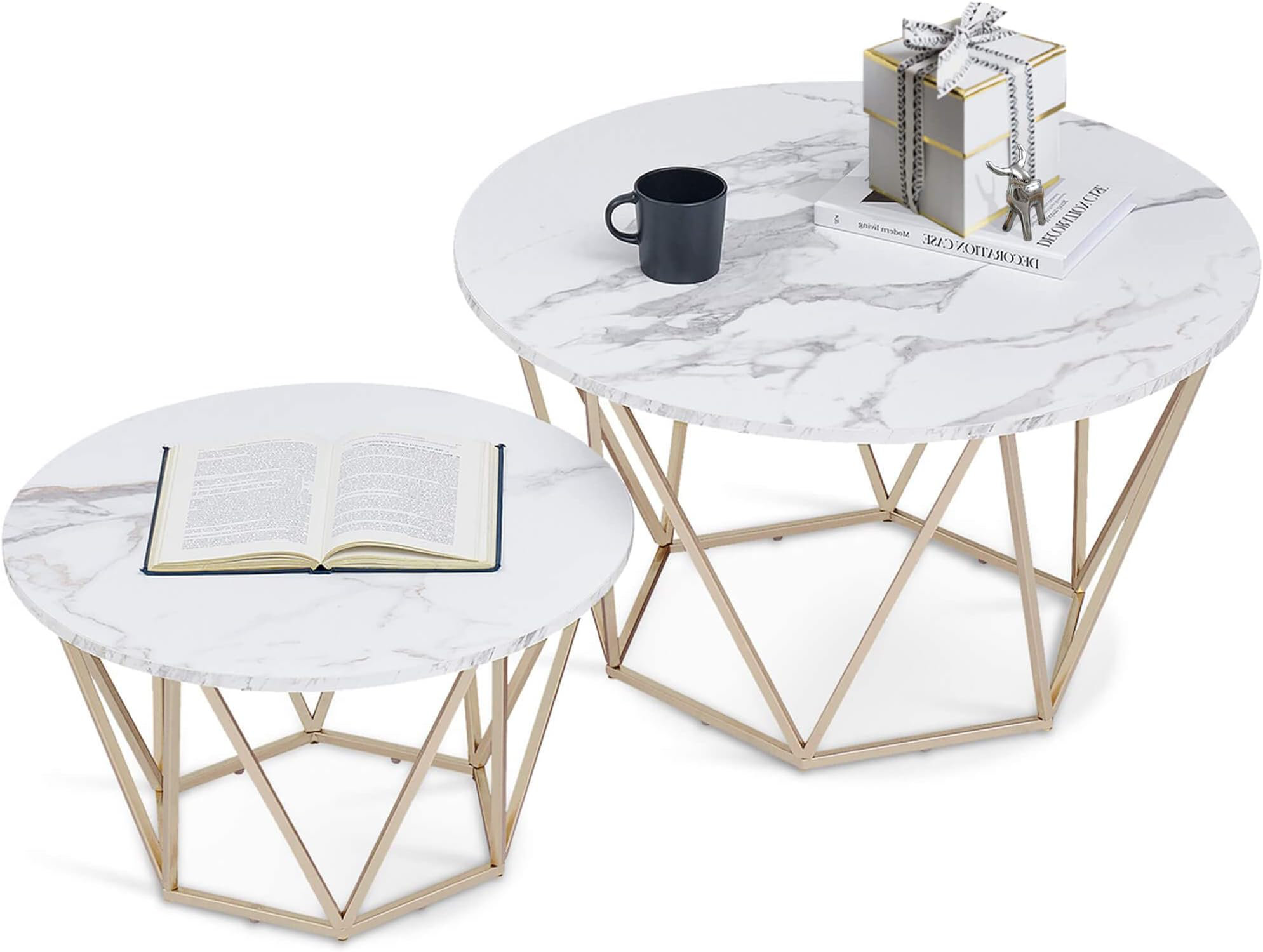 Everly Quinn Round Nesting Coffee Table Set with Faux Marble Top and ...
