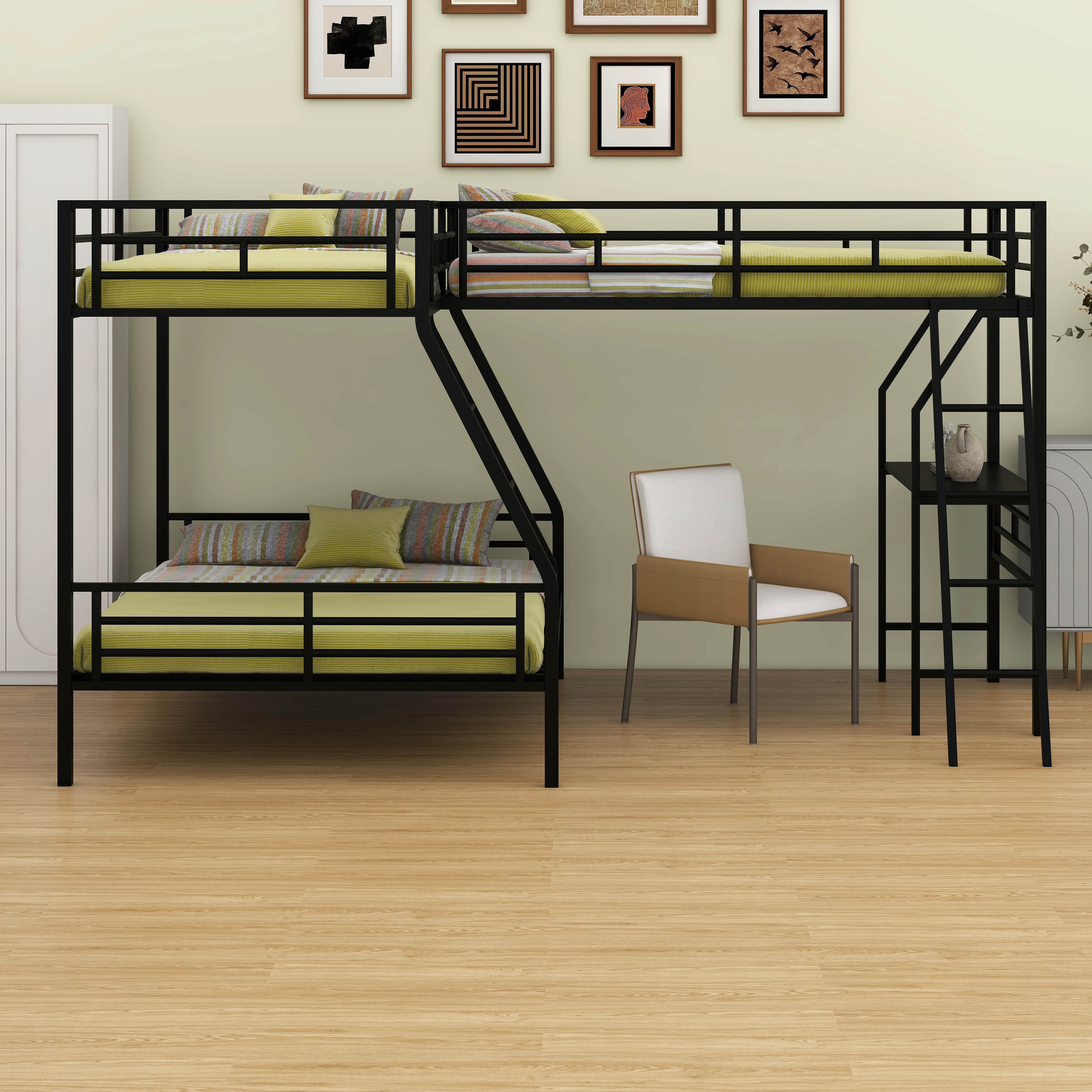 17 Stories L-Shaped Metal Corner Bunk Bed With 2 Ladders, Twin Over Full Bunk Bed With A Desk ...