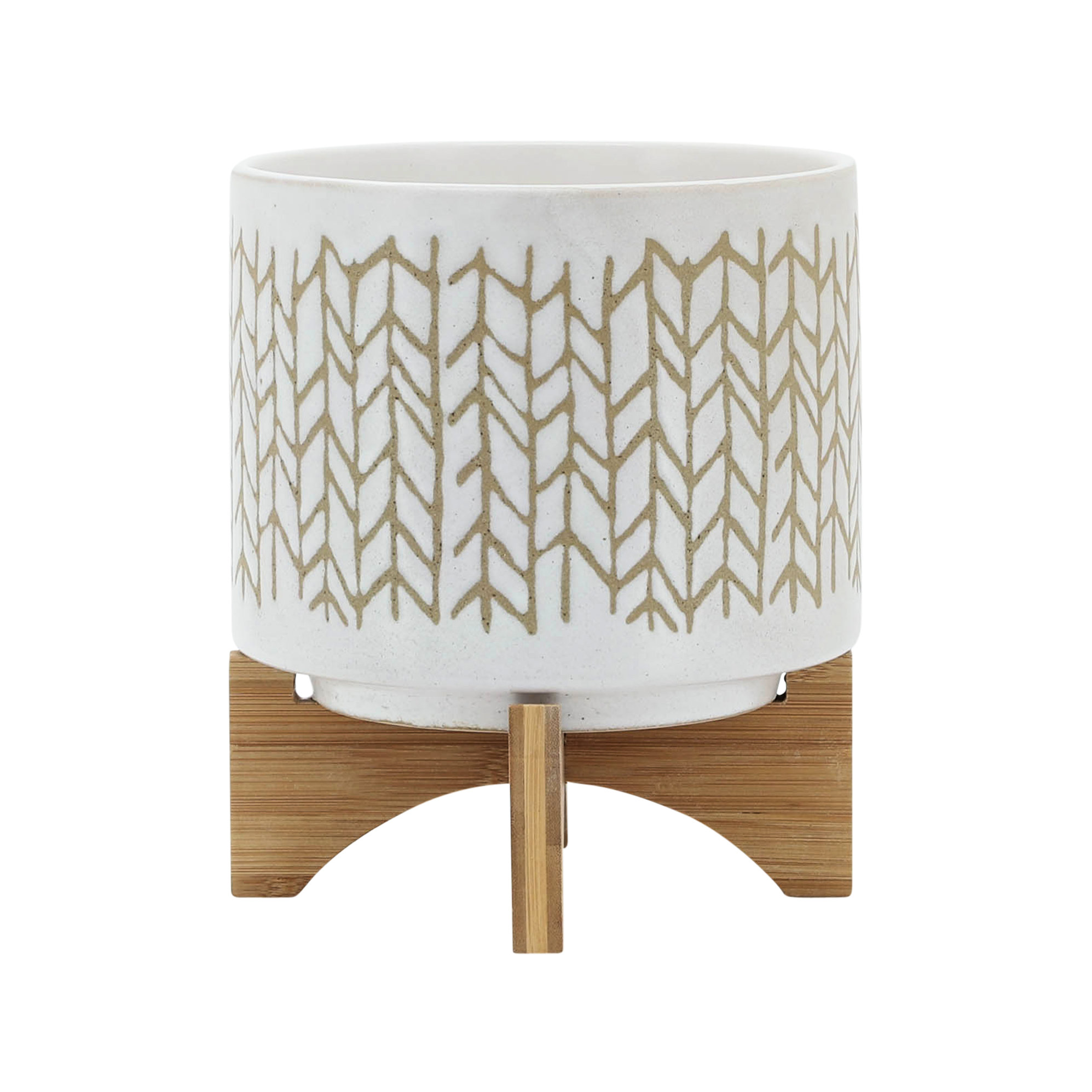 George Oliver Beige Ceramic 8" Planter With Drainage And Wood Stand ...